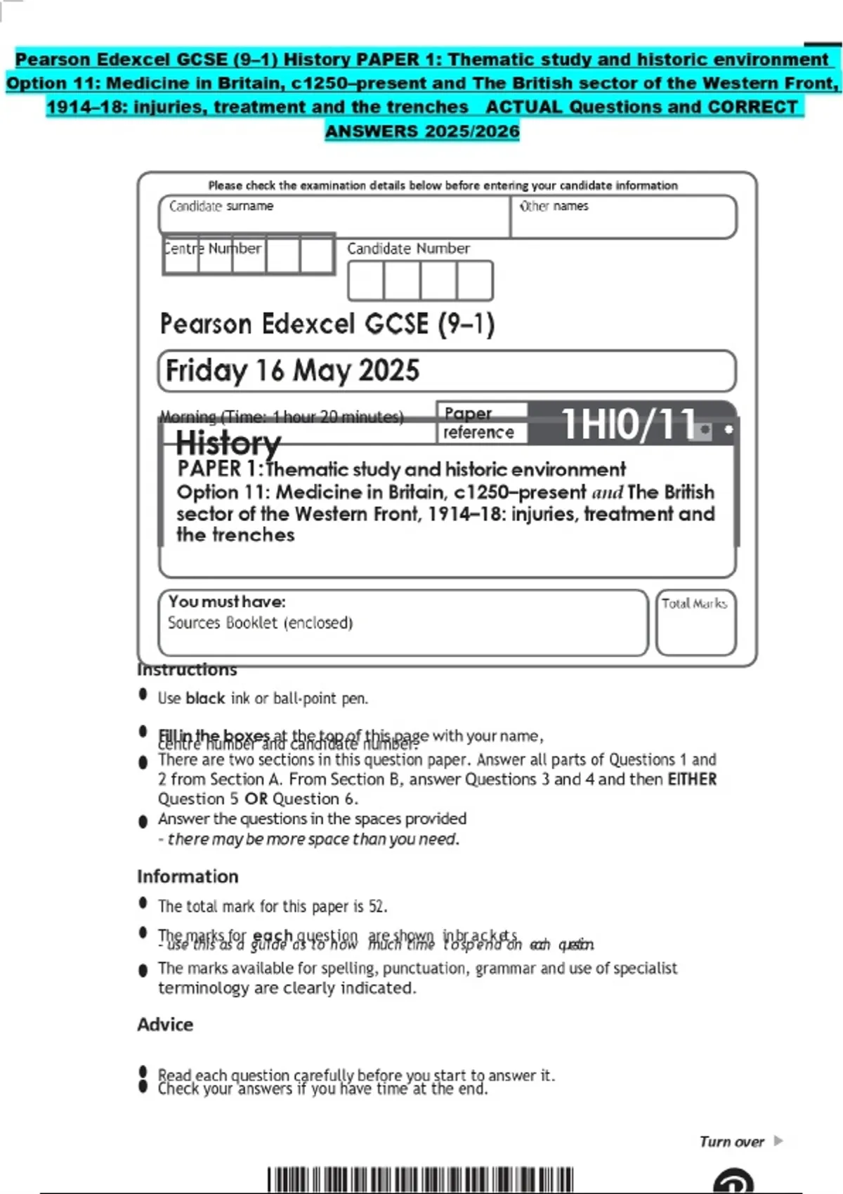 Pearson Edexcel GCSE (9–1) History PAPER 1: Thematic study and historic ...
