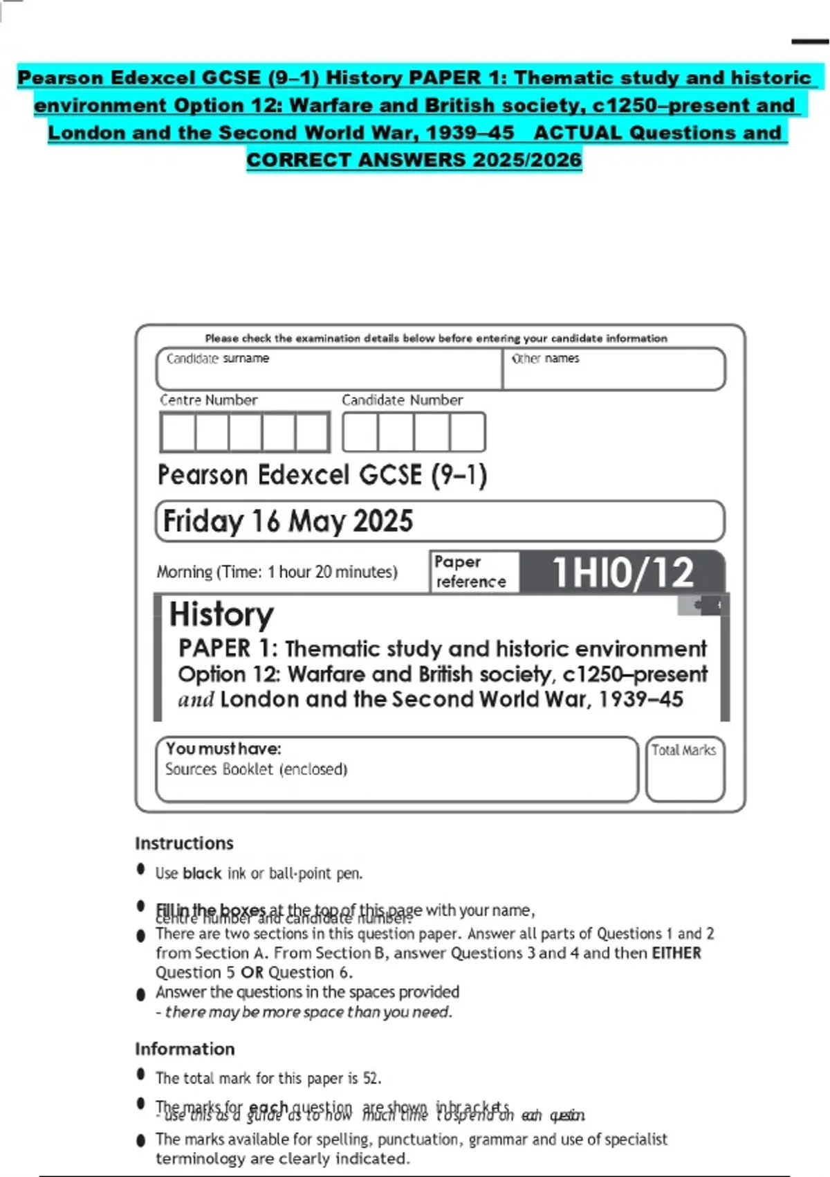 Pearson Edexcel GCSE (9–1) History PAPER 1: Thematic study and historic ...
