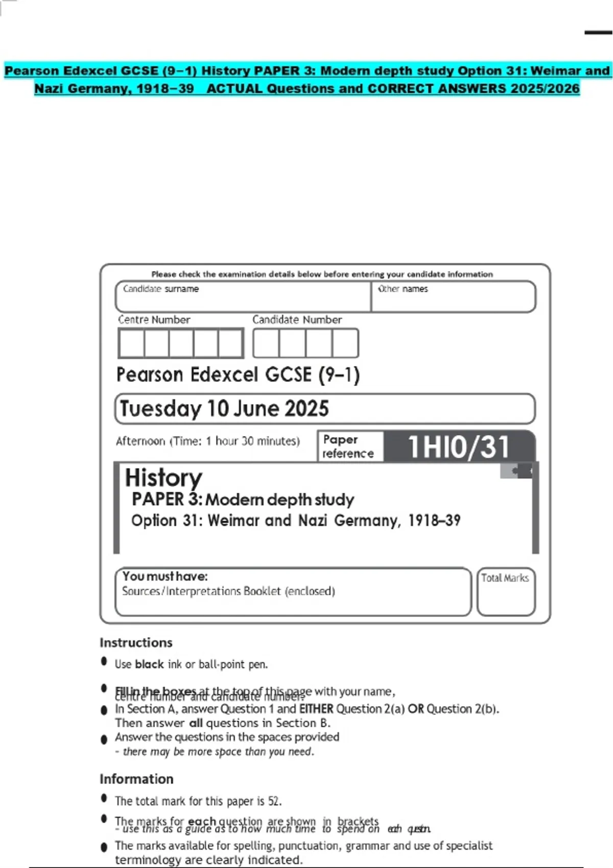 Pearson Edexcel GCSE (9–1) History PAPER 3: Modern depth study Option ...