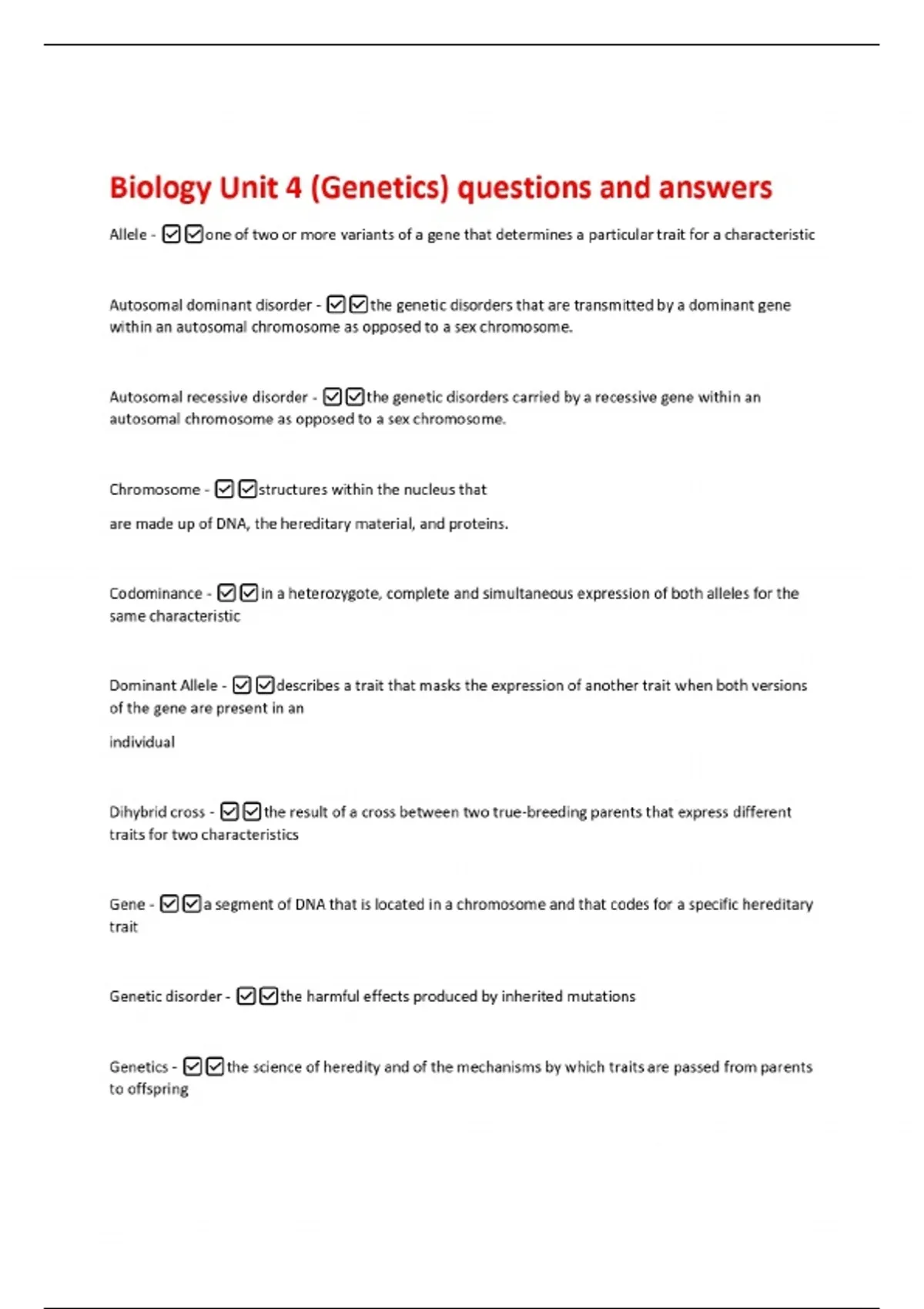 Biology Unit 4 (Genetics) questions and answers - Biology - Stuvia US