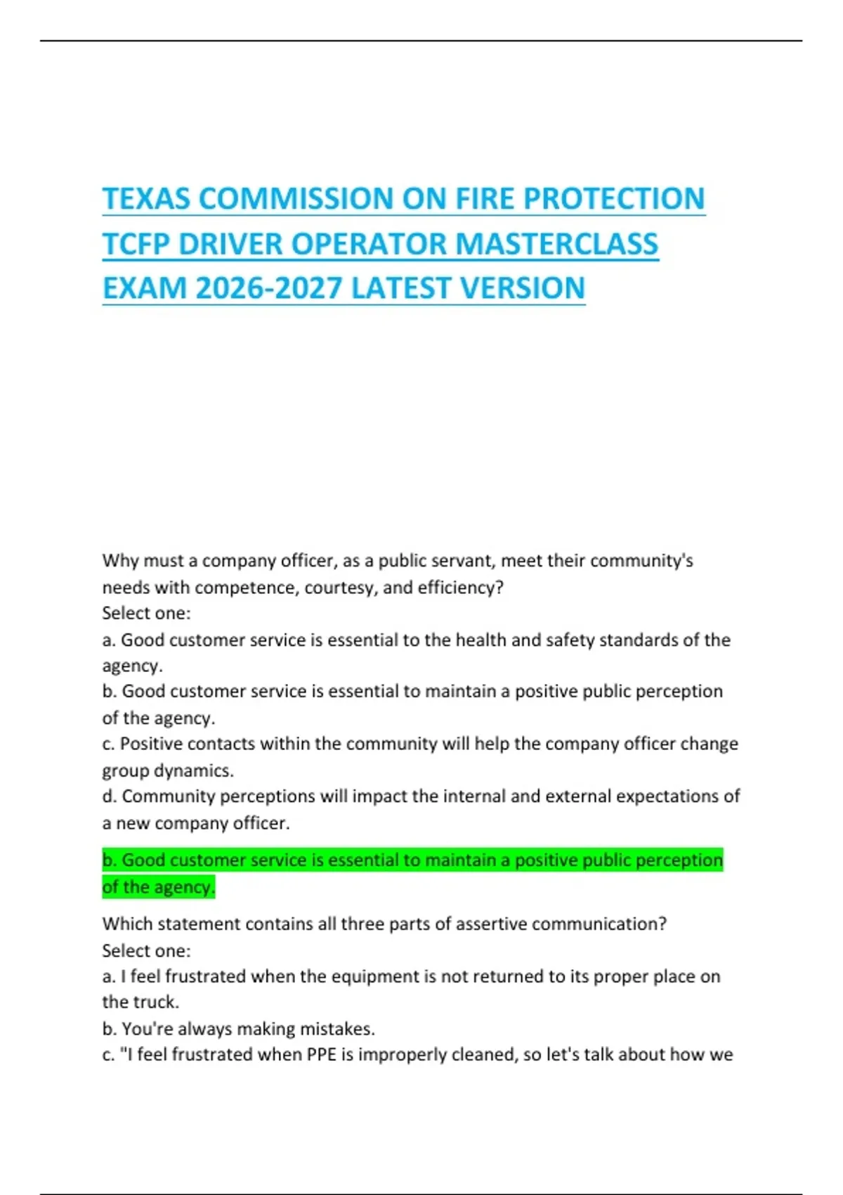 TEXAS COMMISSION ON FIRE PROTECTION TCFP DRIVER OPERATOR MASTERCLASS ...