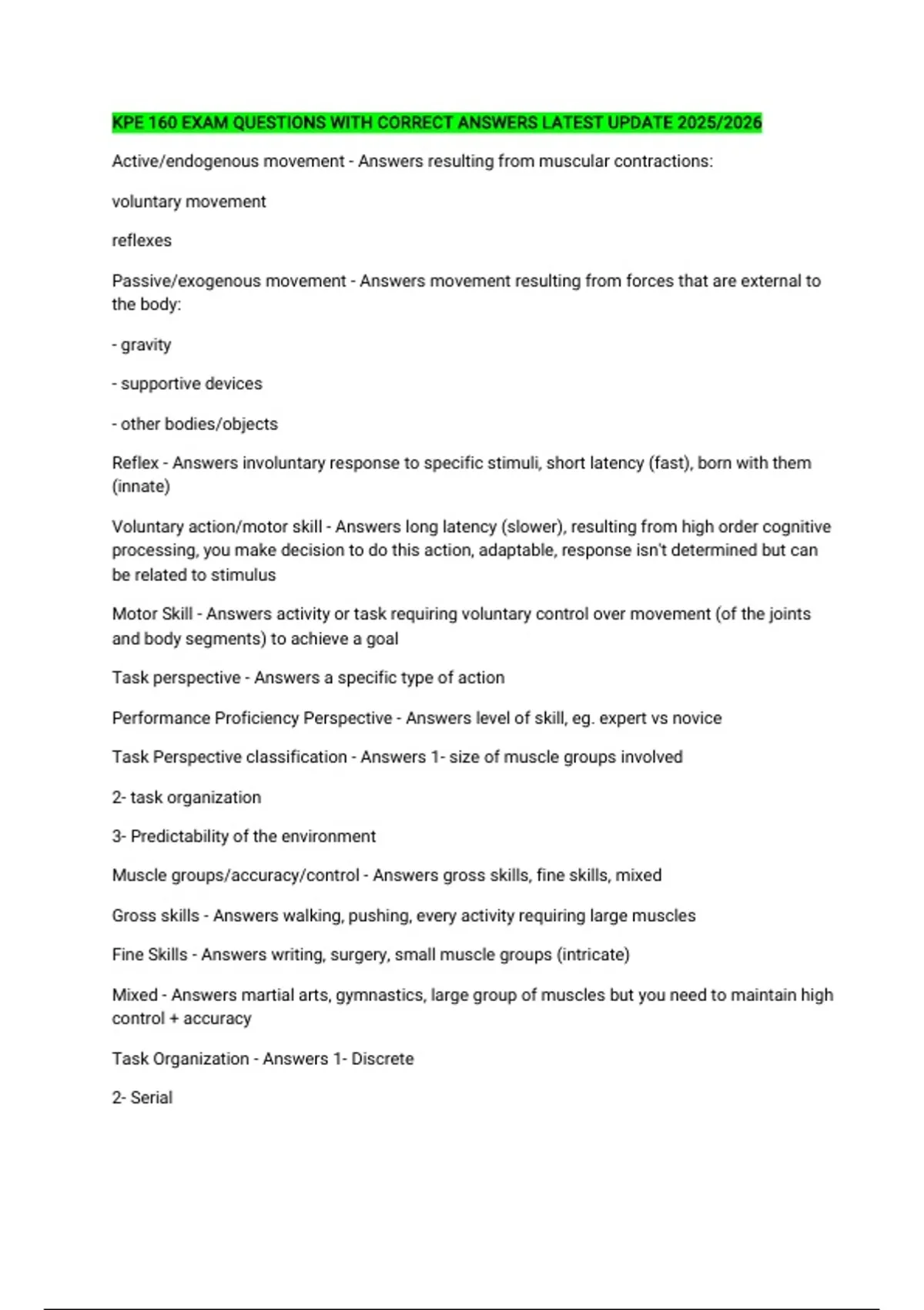KPE 160 EXAM QUESTIONS WITH CORRECT ANSWERS LATEST UPDATE 2025/2026 ...