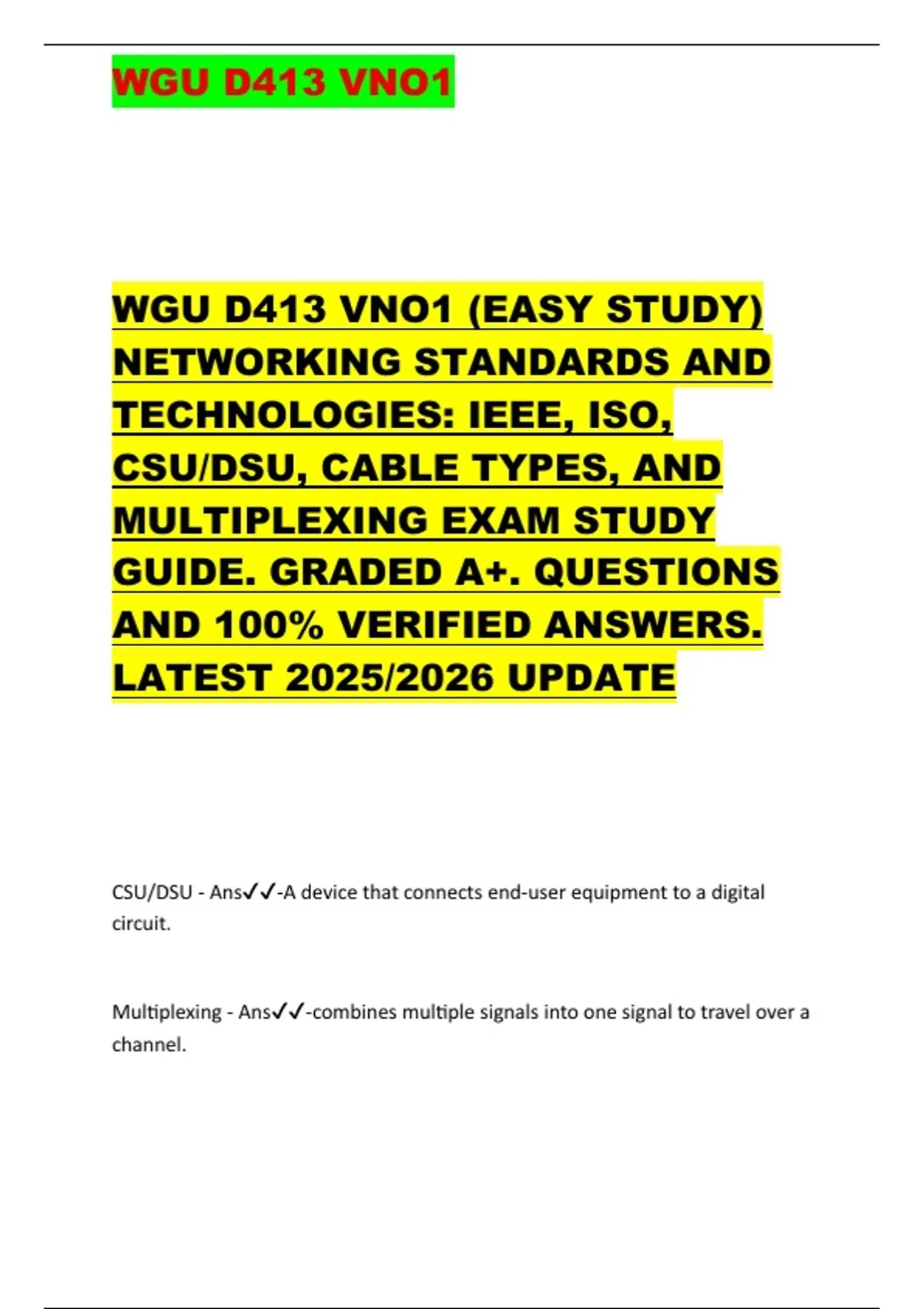 WGU D413 VNO1 WGU D413 VNO1 (EASY STUDY) NETWORKING STANDARDS AND ...