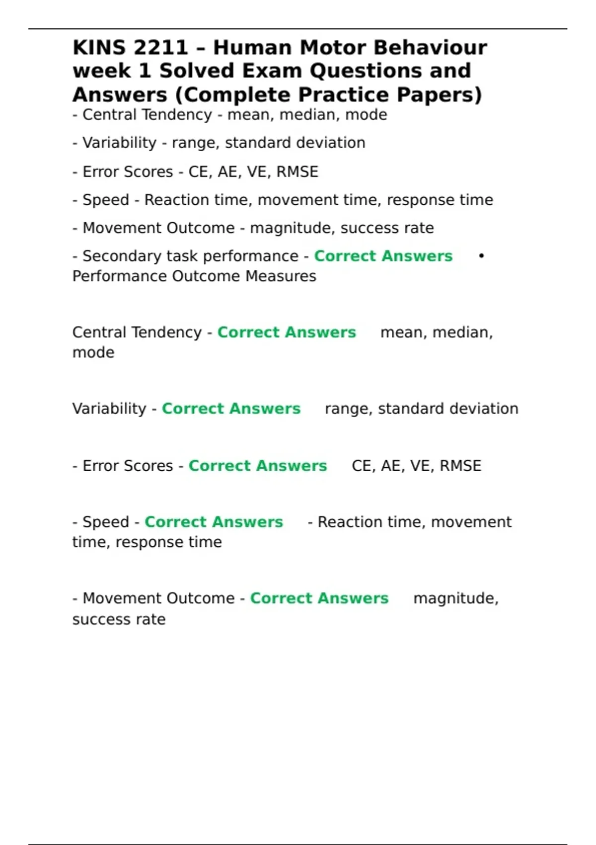 KINS 2211 – Human Motor Behaviour week 1 Solved Exam Questions and ...