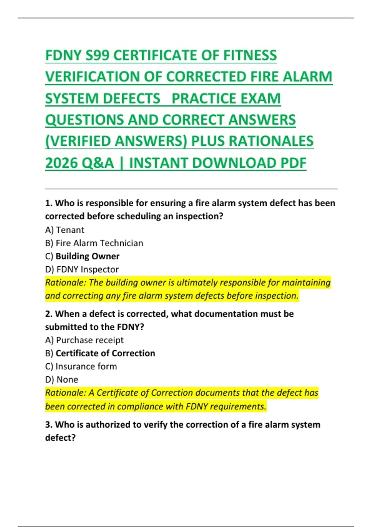 FDNY S99 CERTIFICATE OF FITNESS VERIFICATION OF CORRECTED FIRE ALARM ...