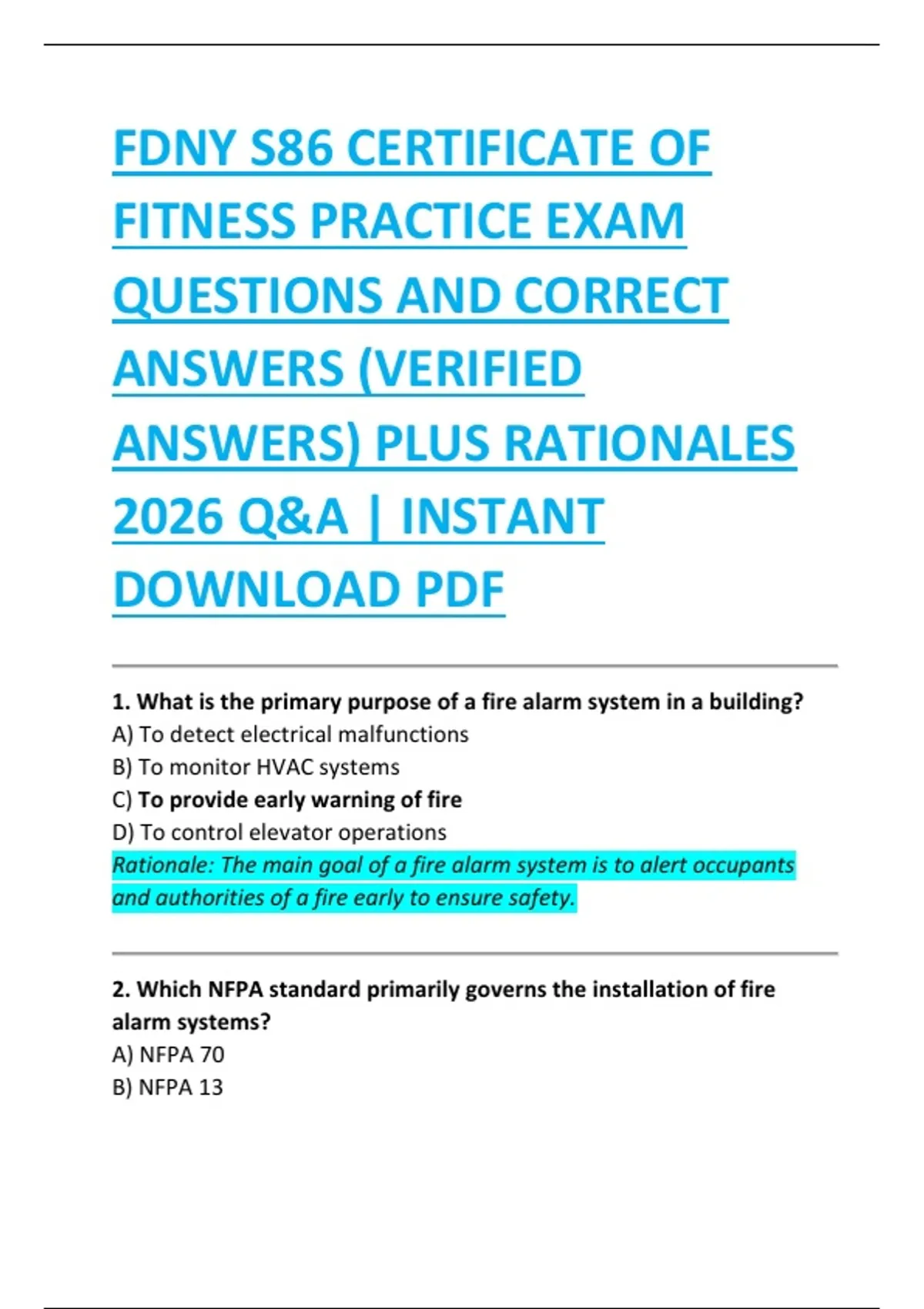 FDNY S86 CERTIFICATE OF FITNESS PRACTICE EXAM QUESTIONS AND CORRECT ...