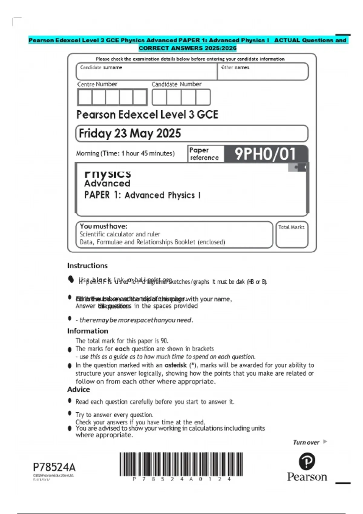 Pearson Edexcel Level 3 GCE Physics Advanced PAPER 1: Advanced Physics ...