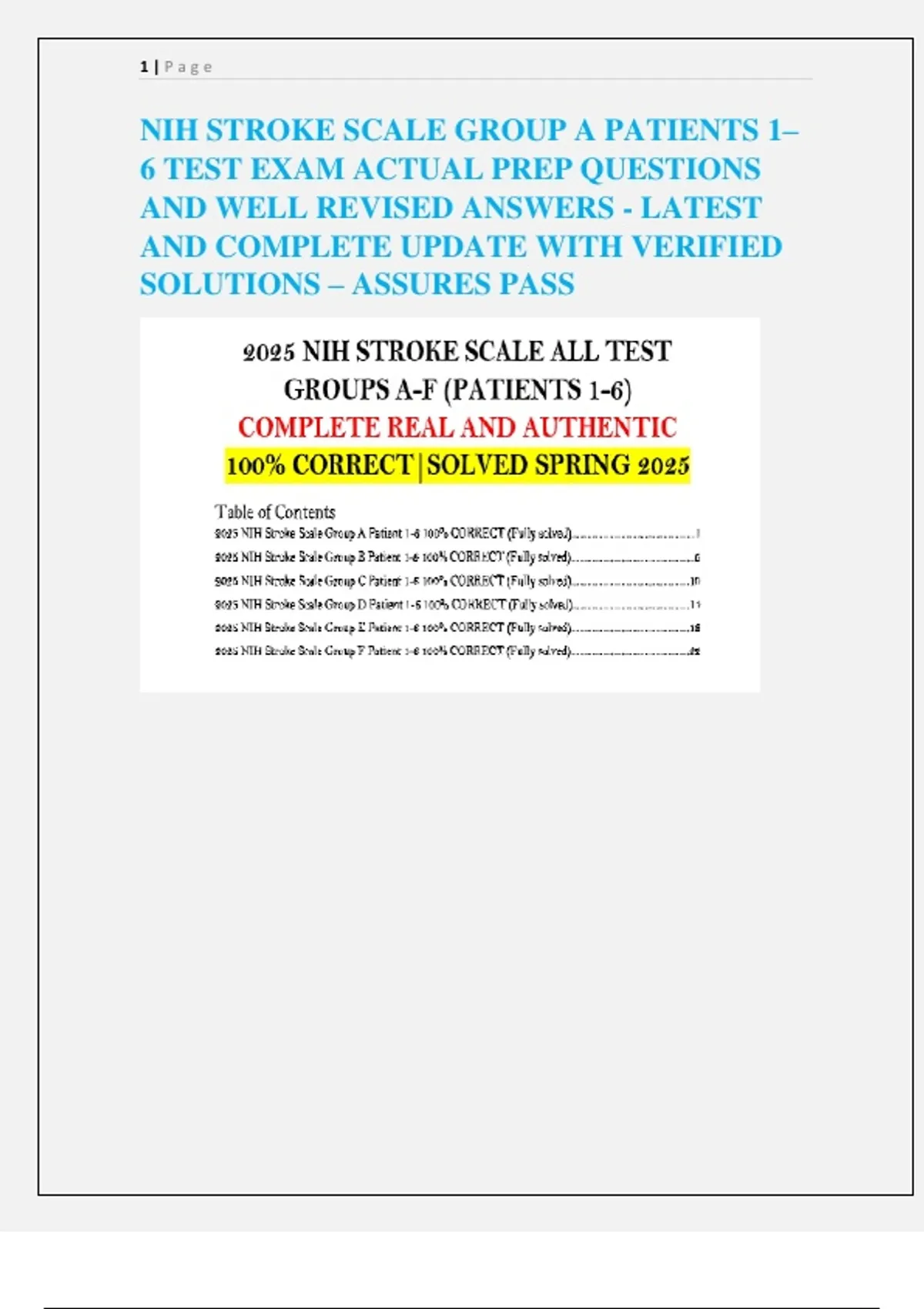 NIH STROKE SCALE GROUP A PATIENTS 1 6 TEST EXAM ACTUAL PREP QUESTIONS ...