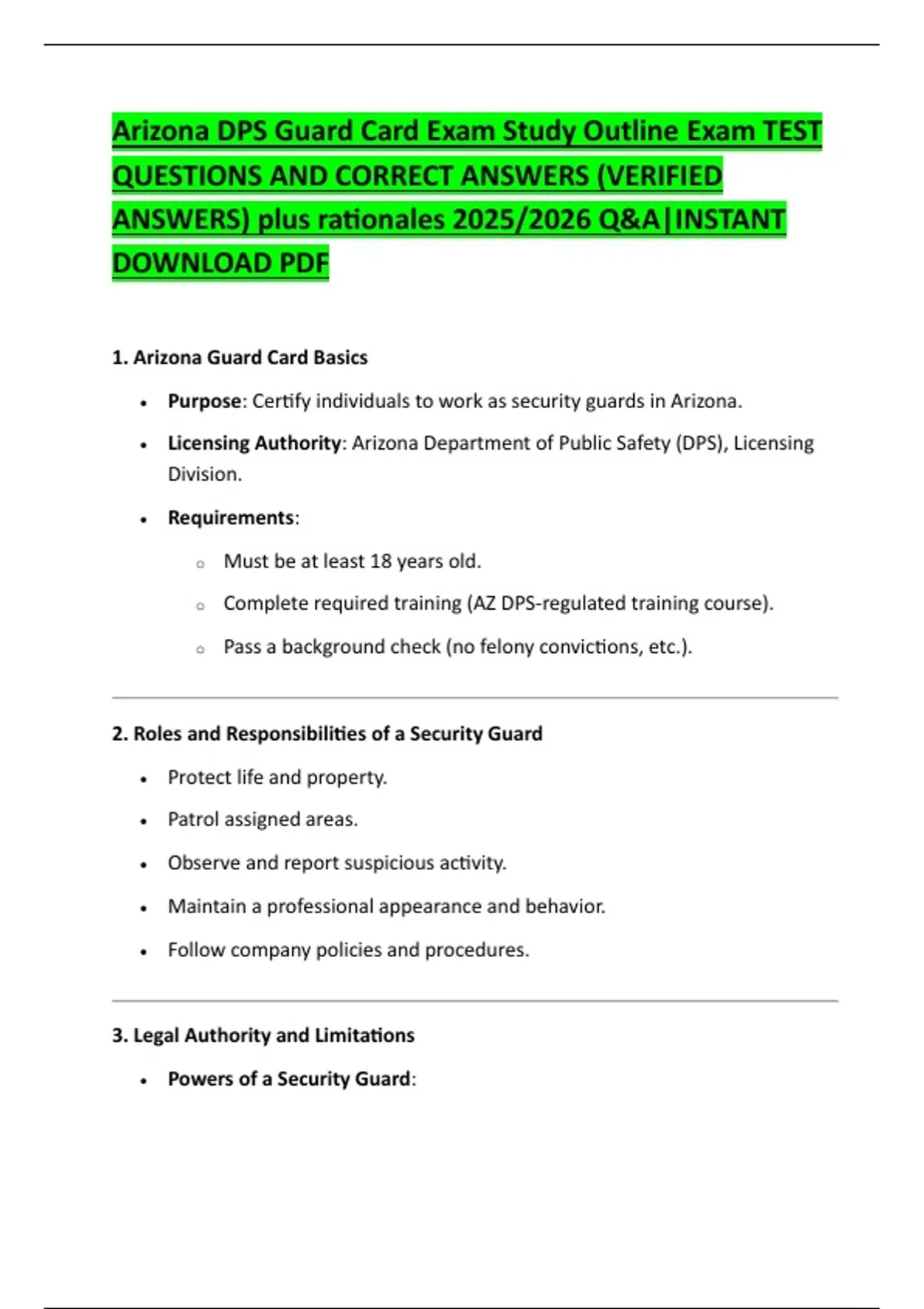 Arizona DPS Guard Card Exam – Study Outline & Full Practice Questions ...