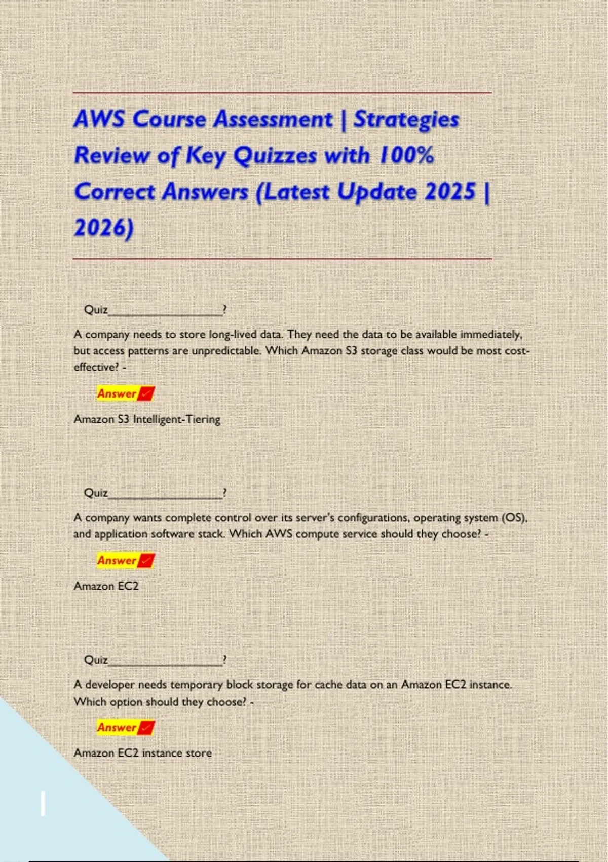 AWS Course Assessment | Strategies Review of Key Quizzes with 100% ...