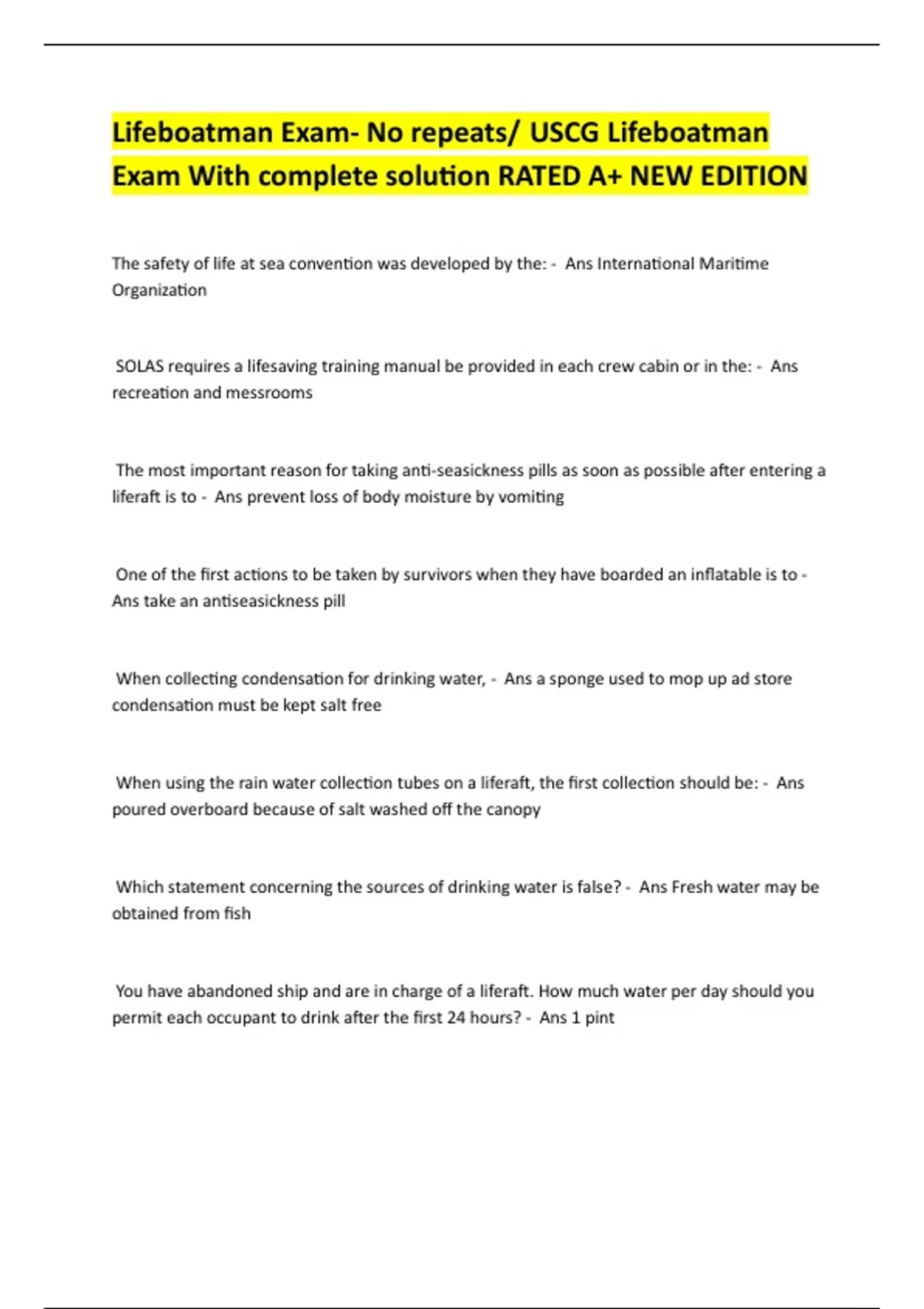 Lifeboatman Exam- No repeats/ USCG Lifeboatman Exam With complete ...
