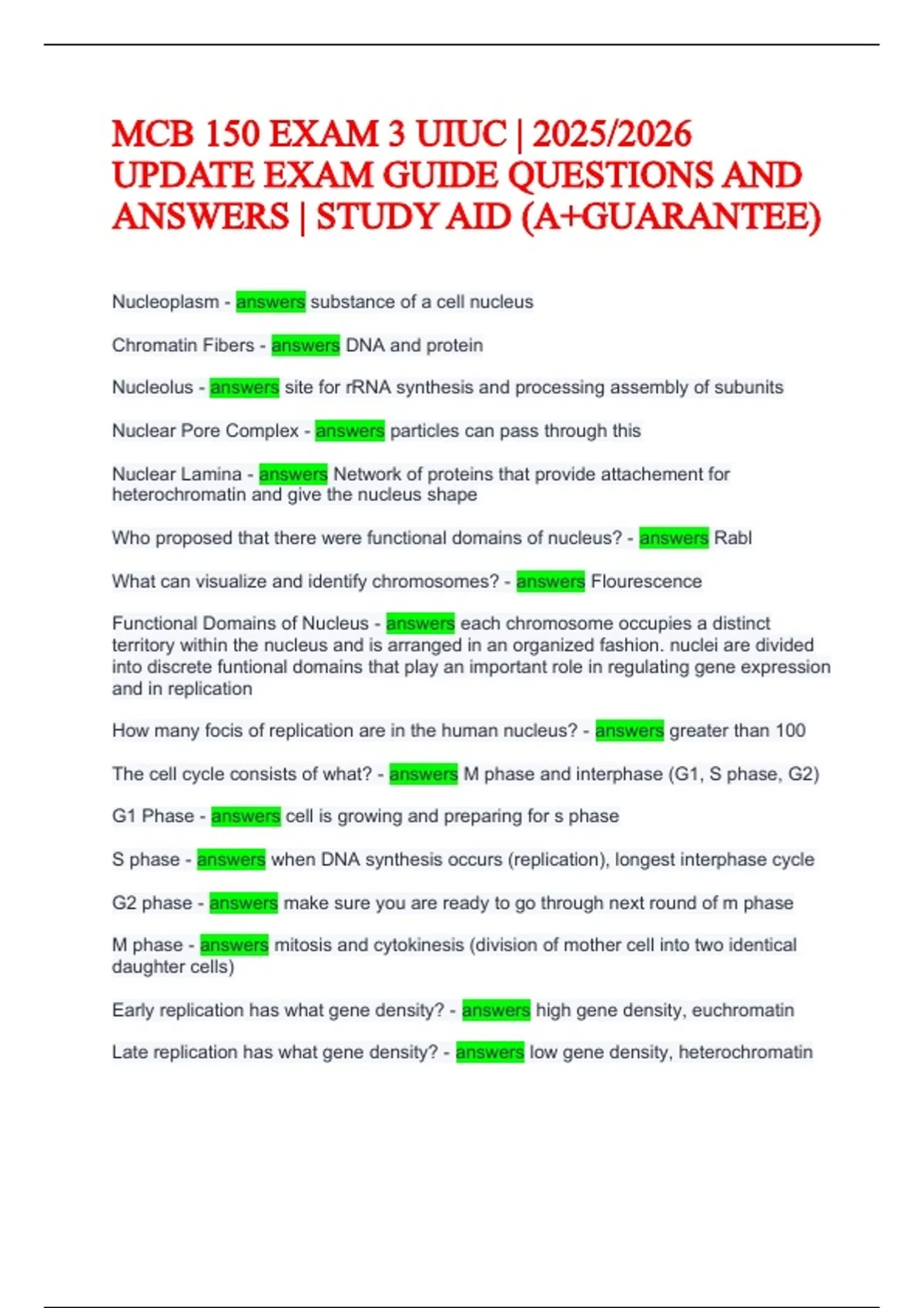 MCB 150 EXAM 3 UIUC | 2025/2026 UPDATE EXAM GUIDE QUESTIONS AND ANSWERS ...