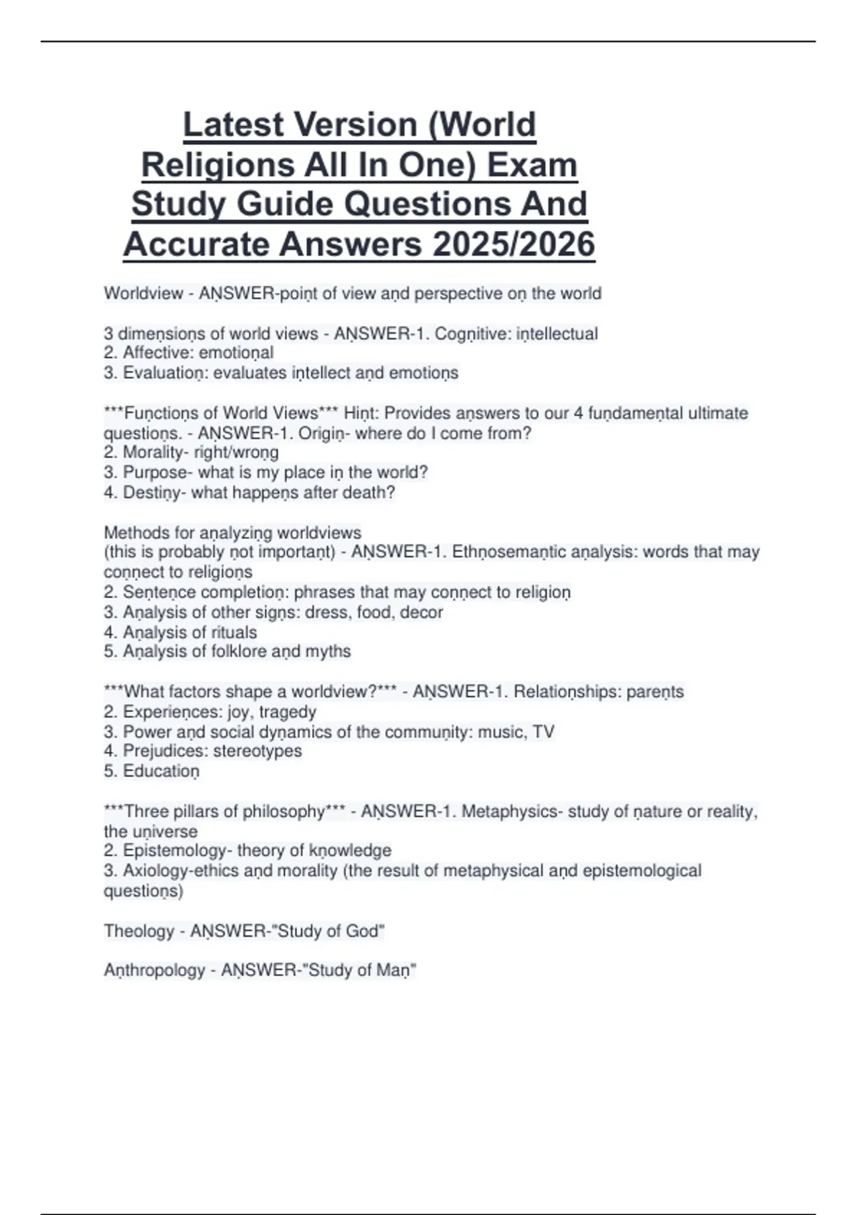 Latest Version (World Religions All In One) Exam Study Guide Questions ...