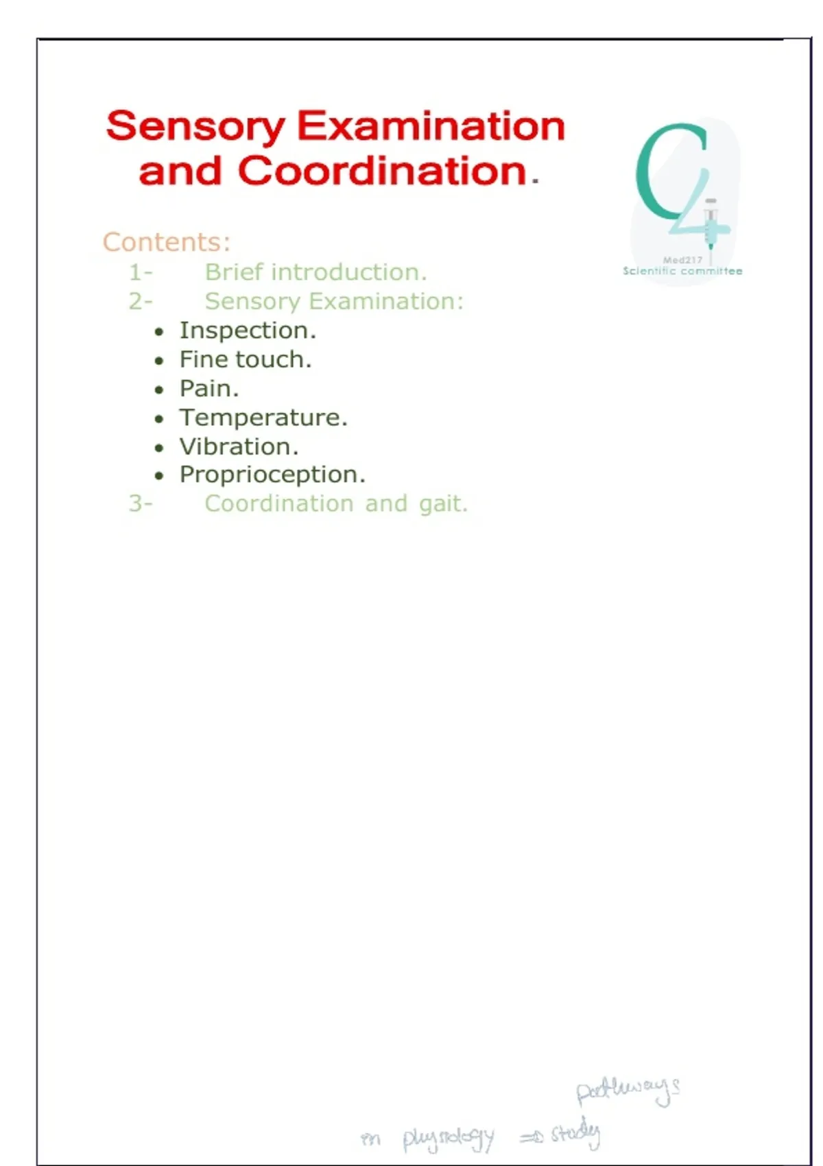 Sensory Examination and Coordination | Clinical Skills Guide for ...