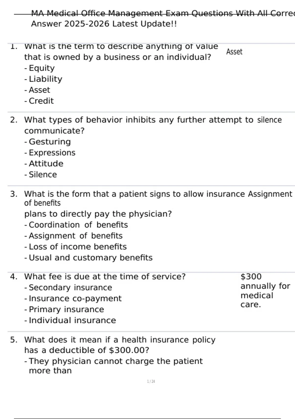 MA Medical Office Management Exam Questions With All Correct Answers ...