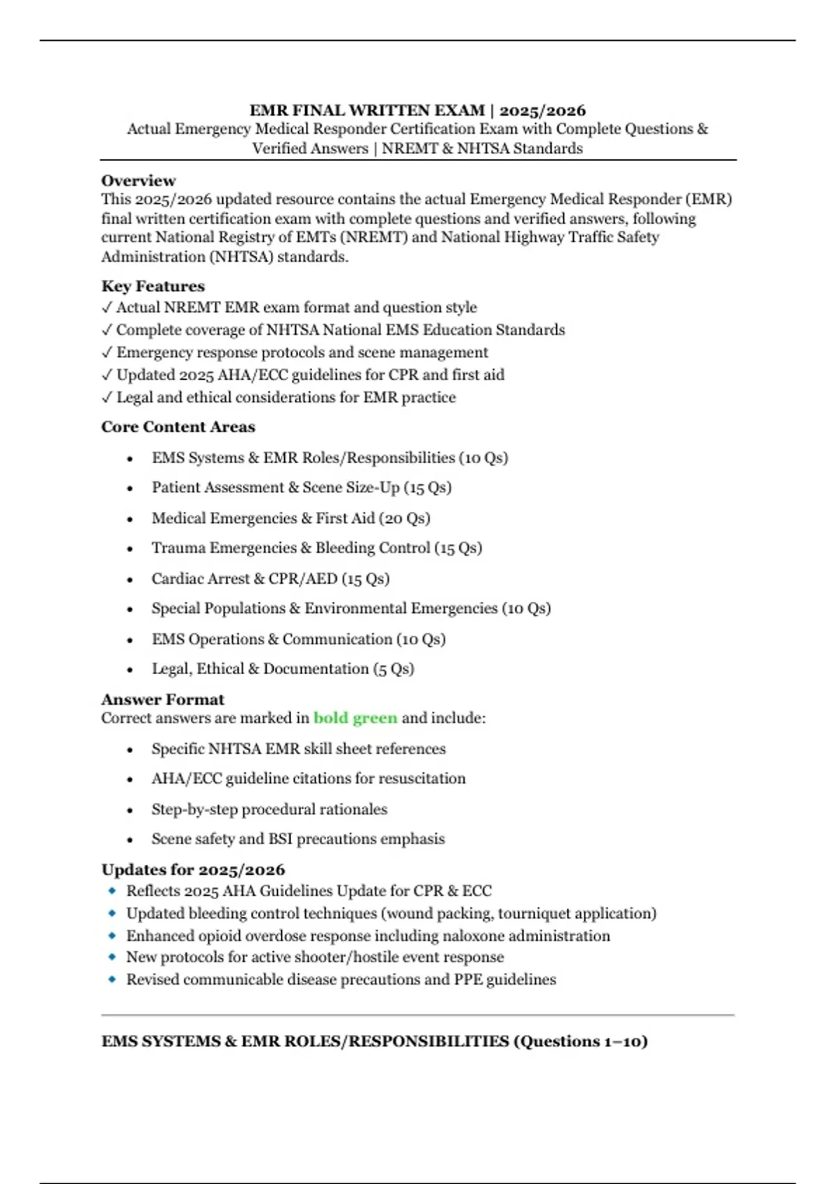 EMR Final Written Exam 2025/2026 | Actual Emergency Medical Responder ...