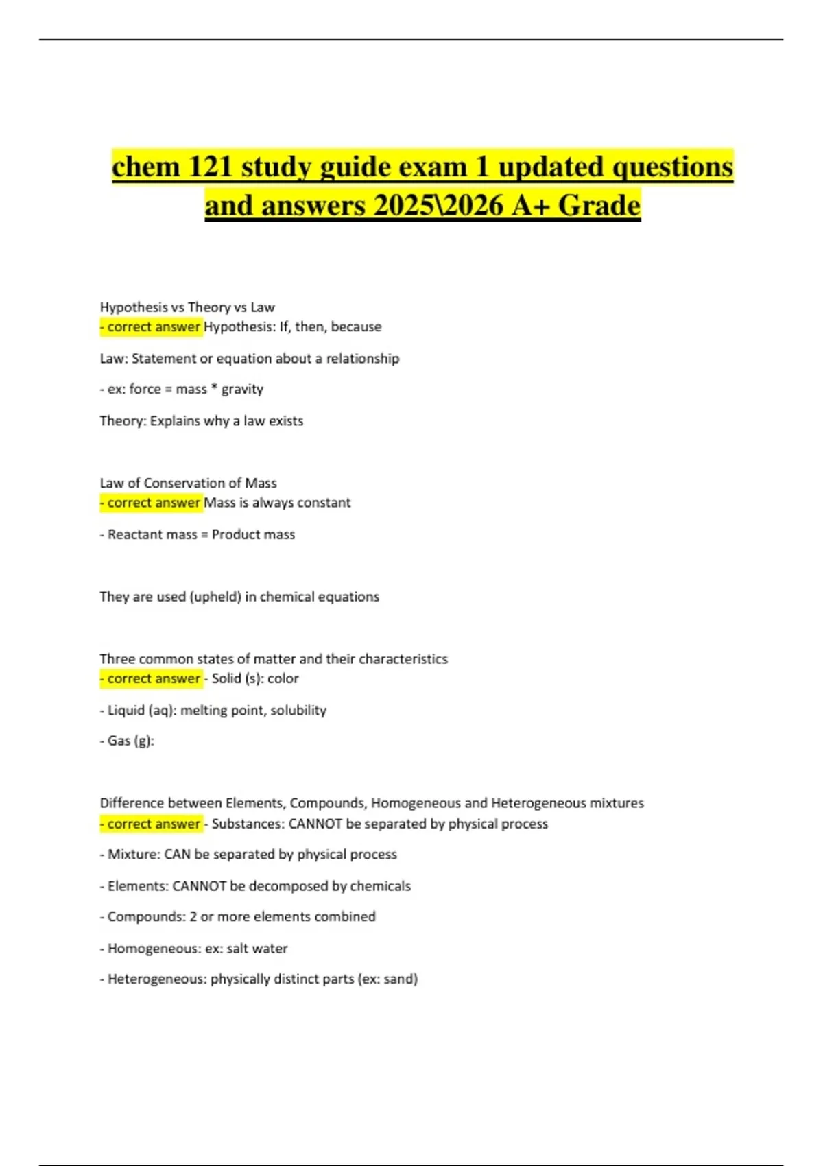 CHEM 121 Exam 1 Study Guide | Verified Questions & Correct Detailed ...