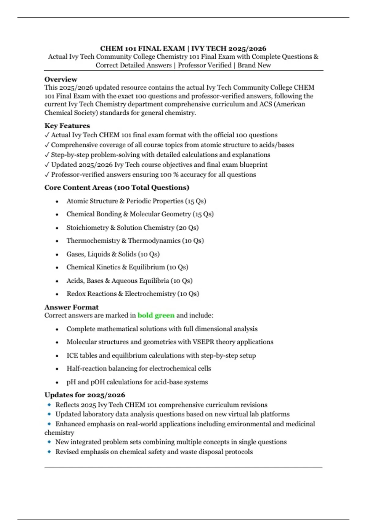 CHEM 101 Final Exam Ivy Tech 2025/2026 | Actual Ivy Tech Community ...