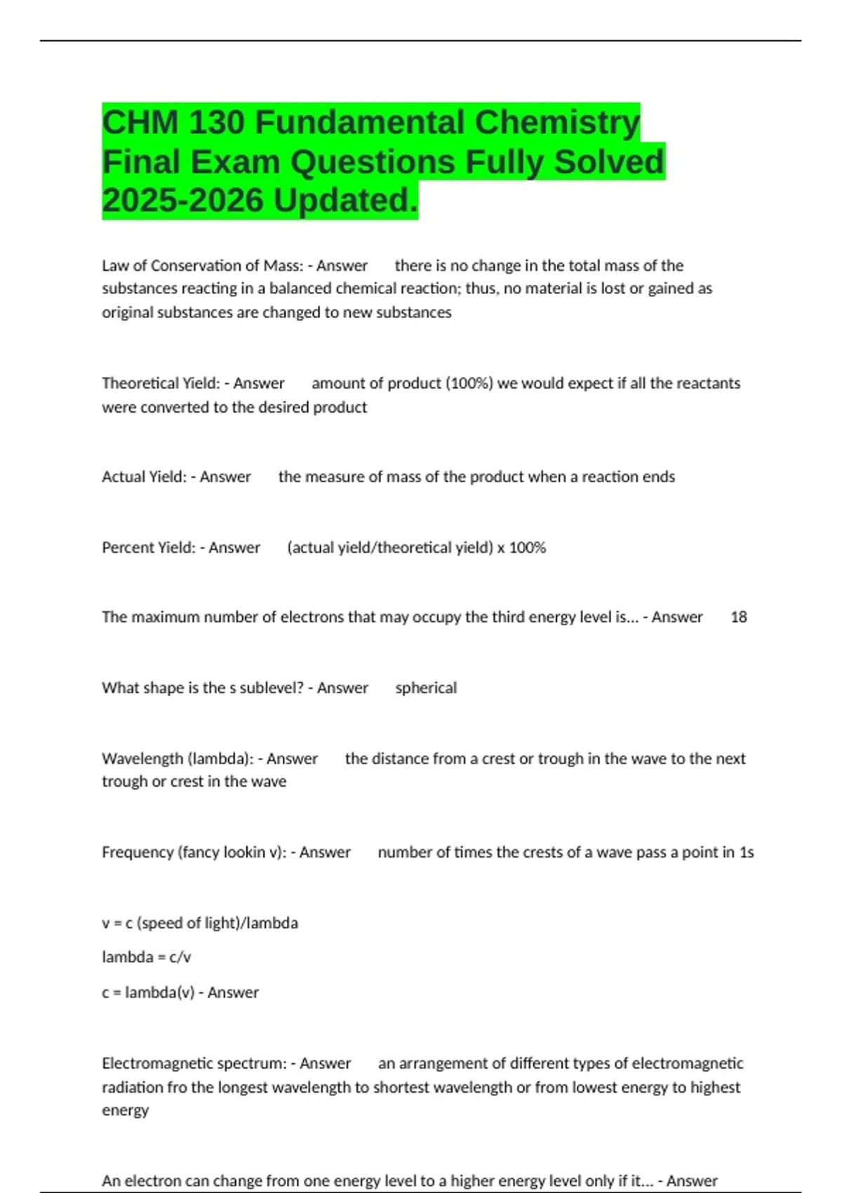 CHM 130 Fundamental Chemistry Final Exam Questions Fully Solved Updated ...