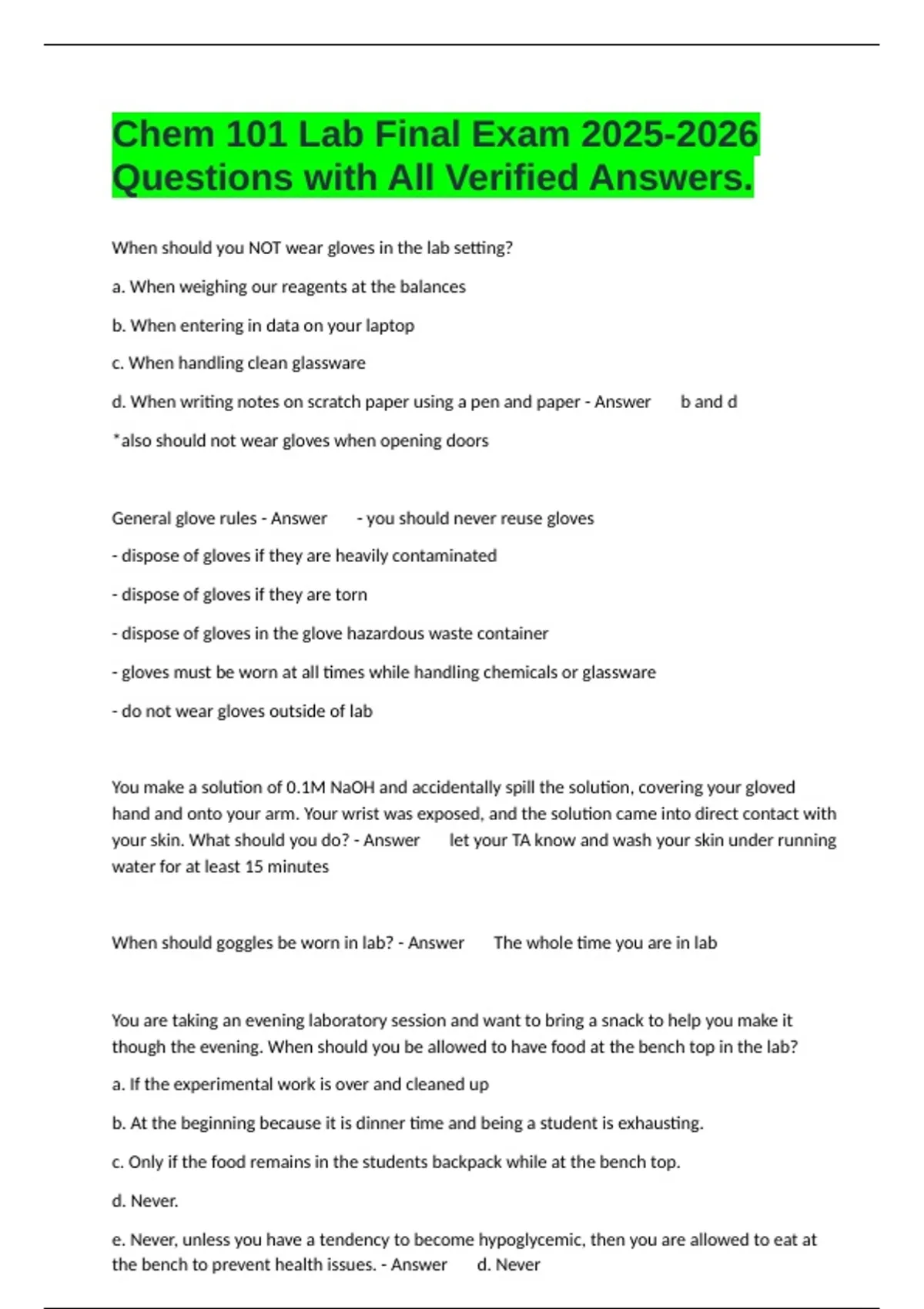 Chem 101 Lab Final Exam Questions with All Verified Answers. - CHEM 101 ...