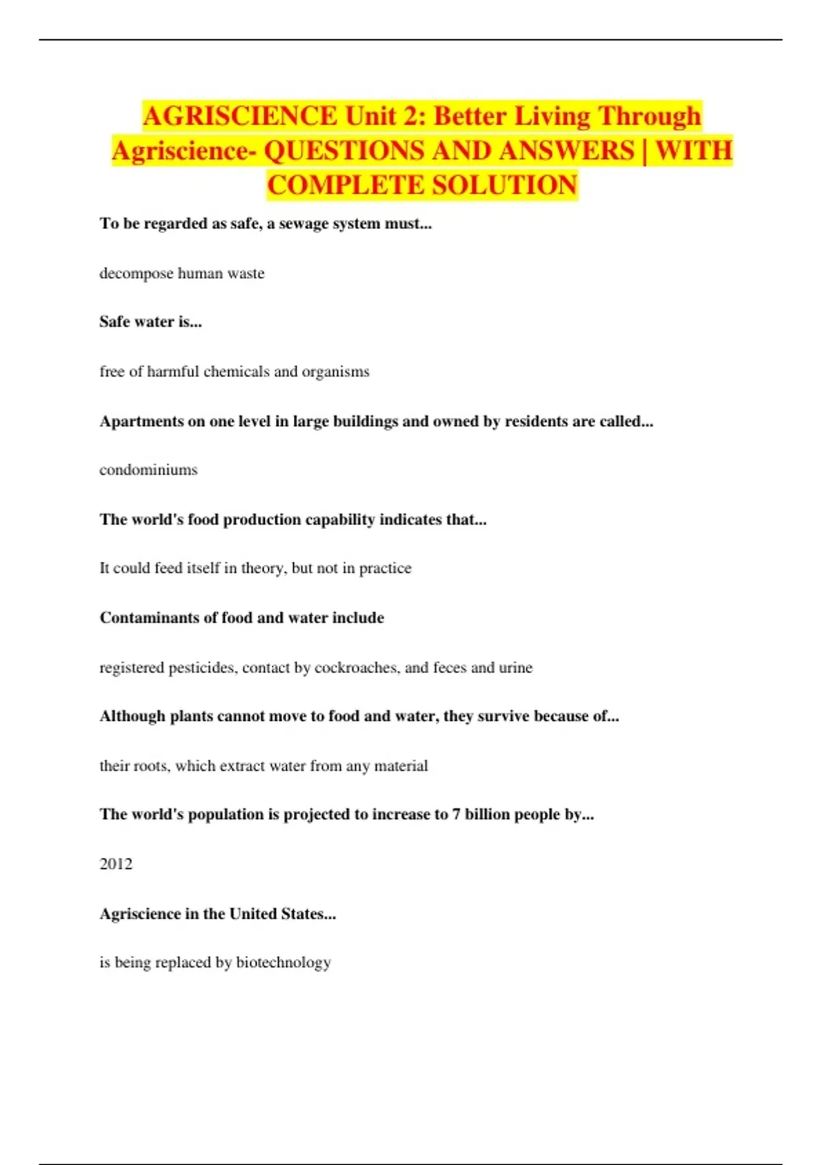 AGRISCIENCE Unit 2: Better Living Through Agriscience- QUESTIONS AND ...