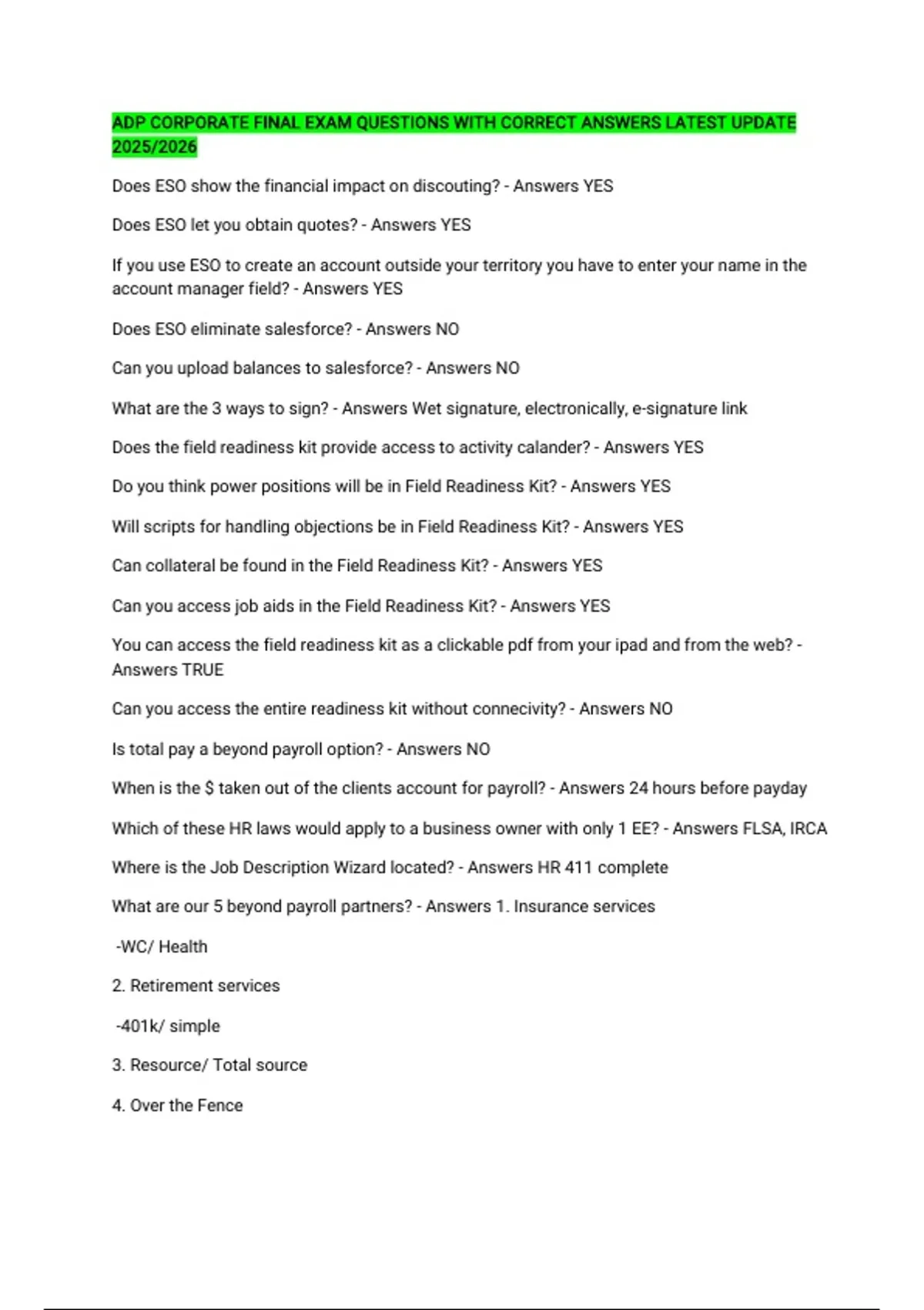 ADP CORPORATE FINAL EXAM QUESTIONS WITH CORRECT ANSWERS LATEST UPDATE ...