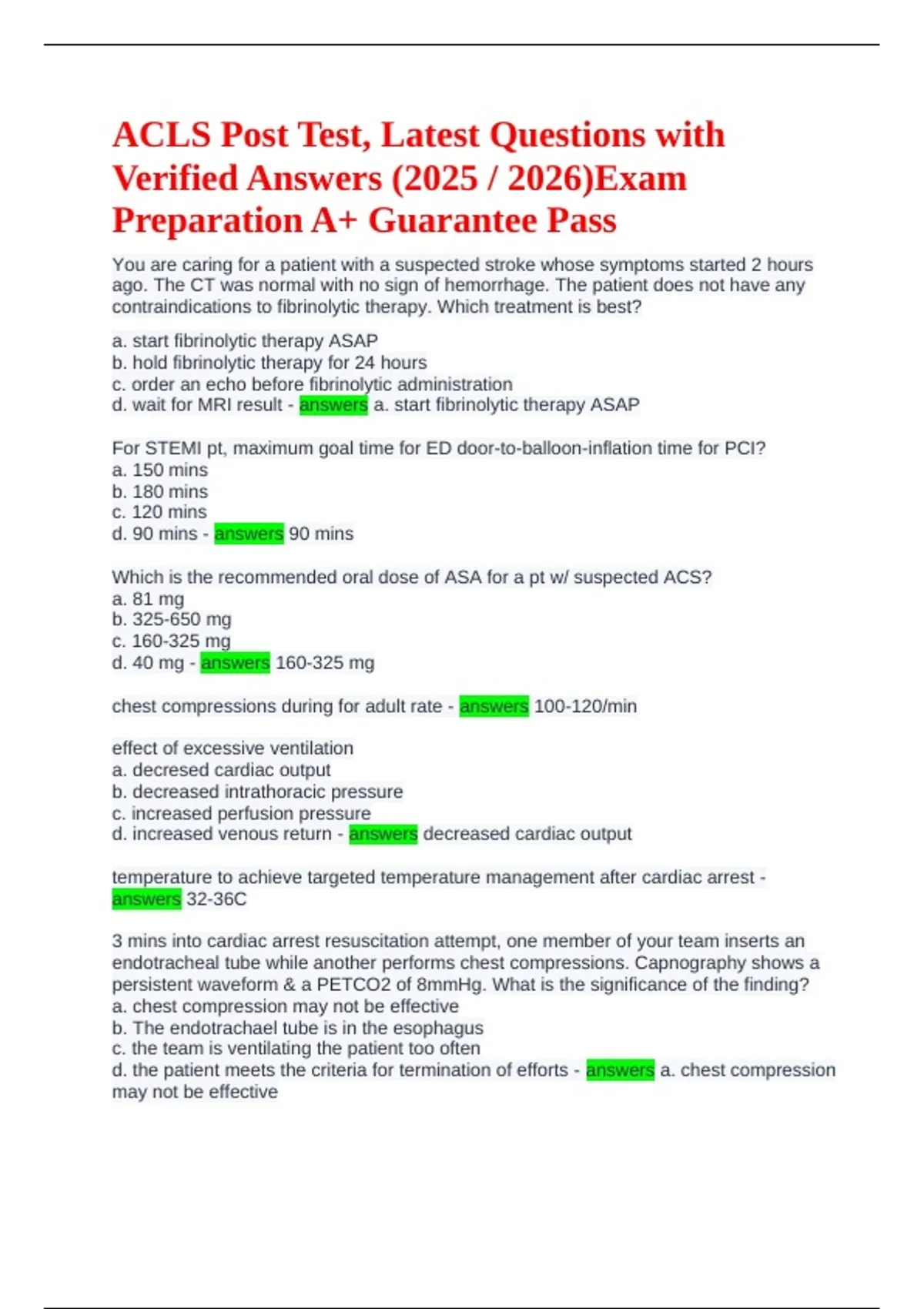 ACLS Post Test, Latest Questions with Verified Answers (2025 / 2026 ...