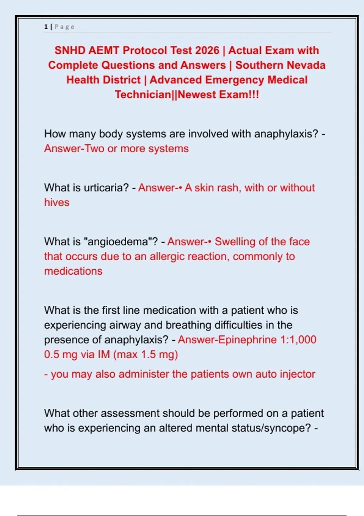 SNHD AEMT Protocol Test 2026 | Actual Exam with Complete Questions and ...