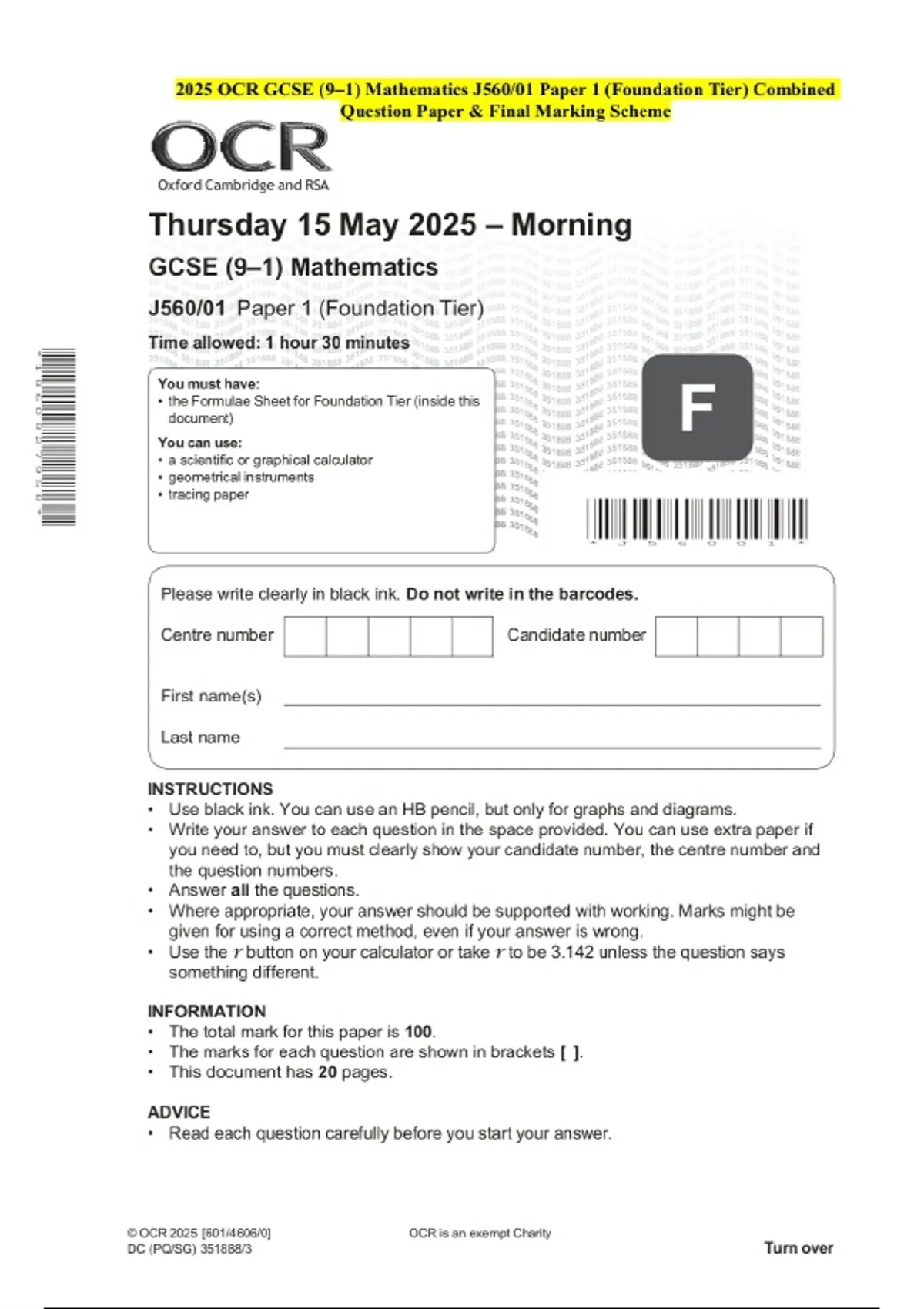 2025 OCR GCSE (9–1) Mathematics J560/01 Paper 1 (Foundation Tier ...