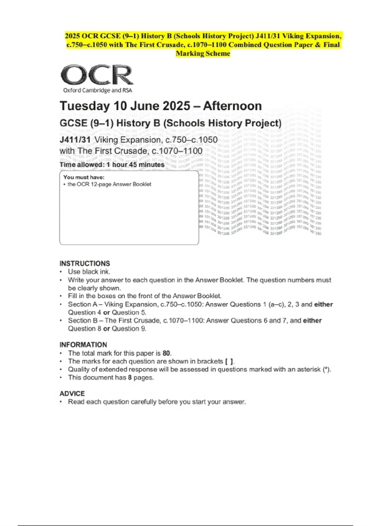 2025 OCR GCSE (9–1) History B (Schools History Project) J411/31 Viking ...