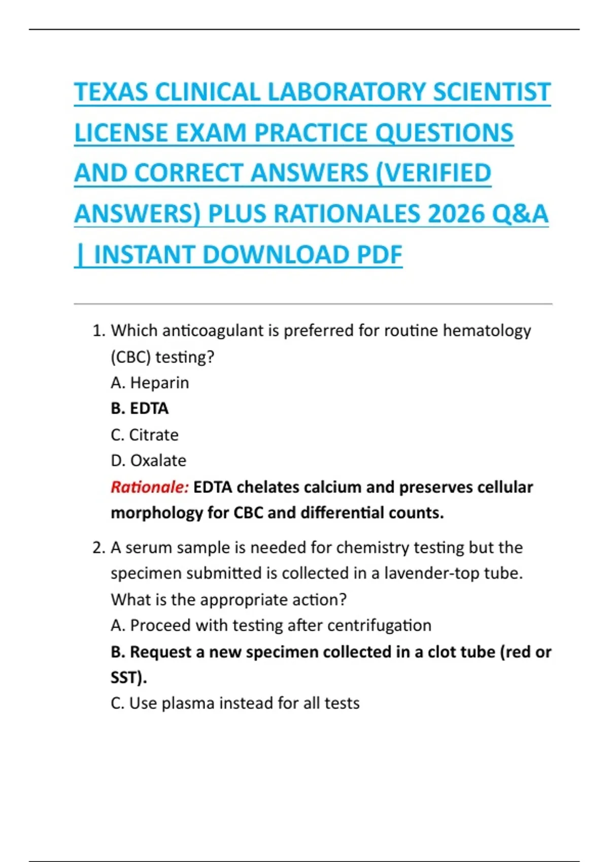 TEXAS CLINICAL LABORATORY SCIENTIST LICENSE EXAM PRACTICE QUESTIONS AND ...