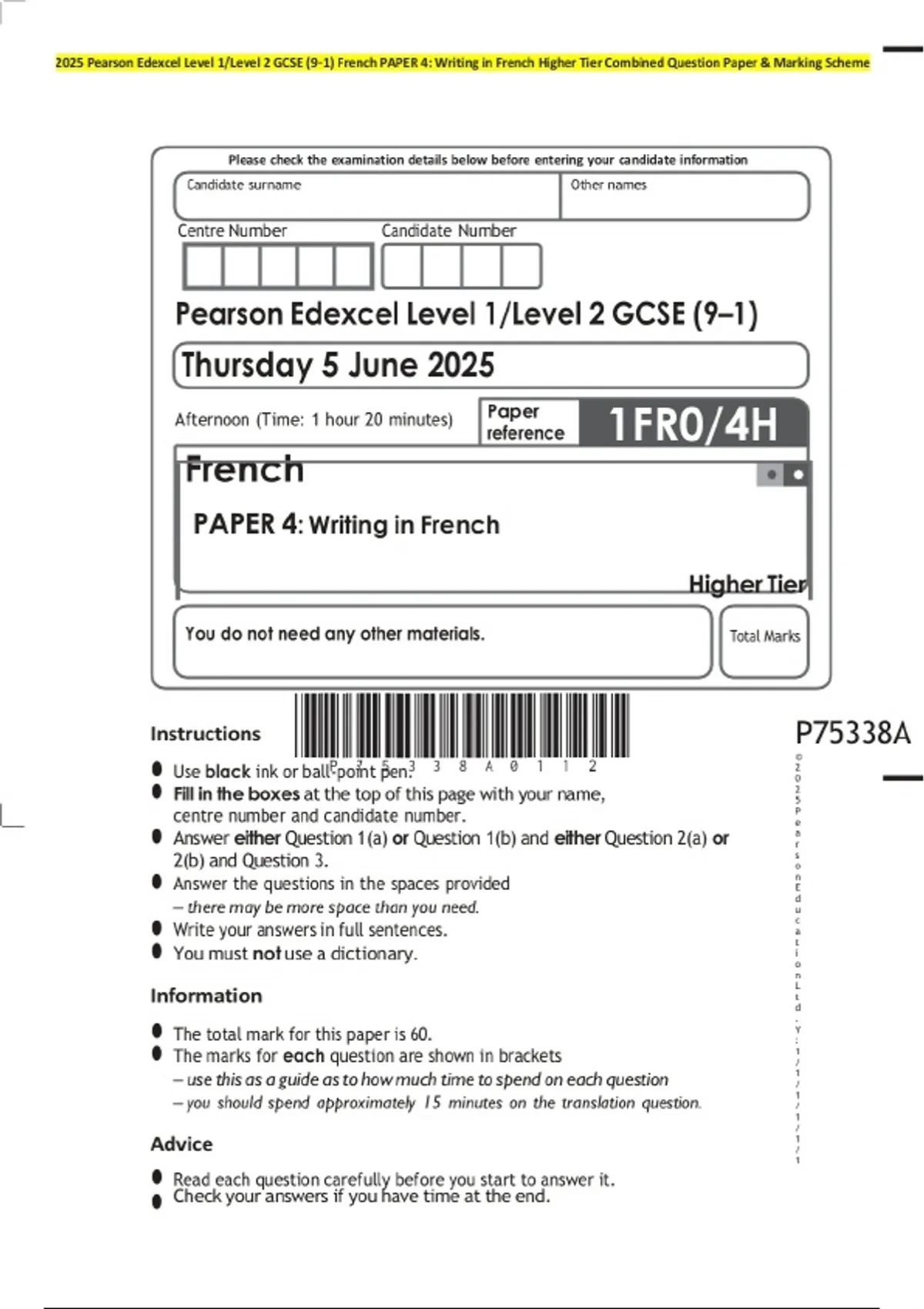 2025 Pearson Edexcel Level 1/Level 2 GCSE (9–1) French PAPER 4: Writing ...
