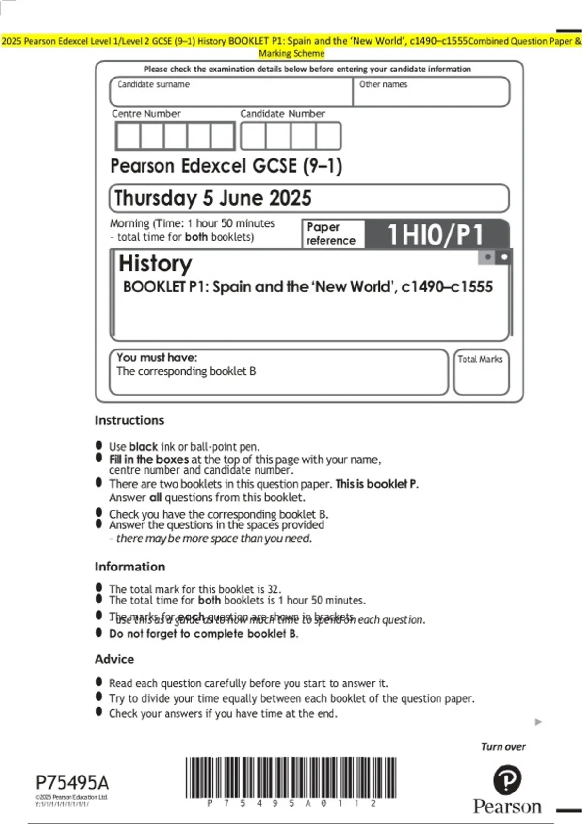 2025 Pearson Edexcel Level 1/Level 2 GCSE (9–1) History BOOKLET P1 ...