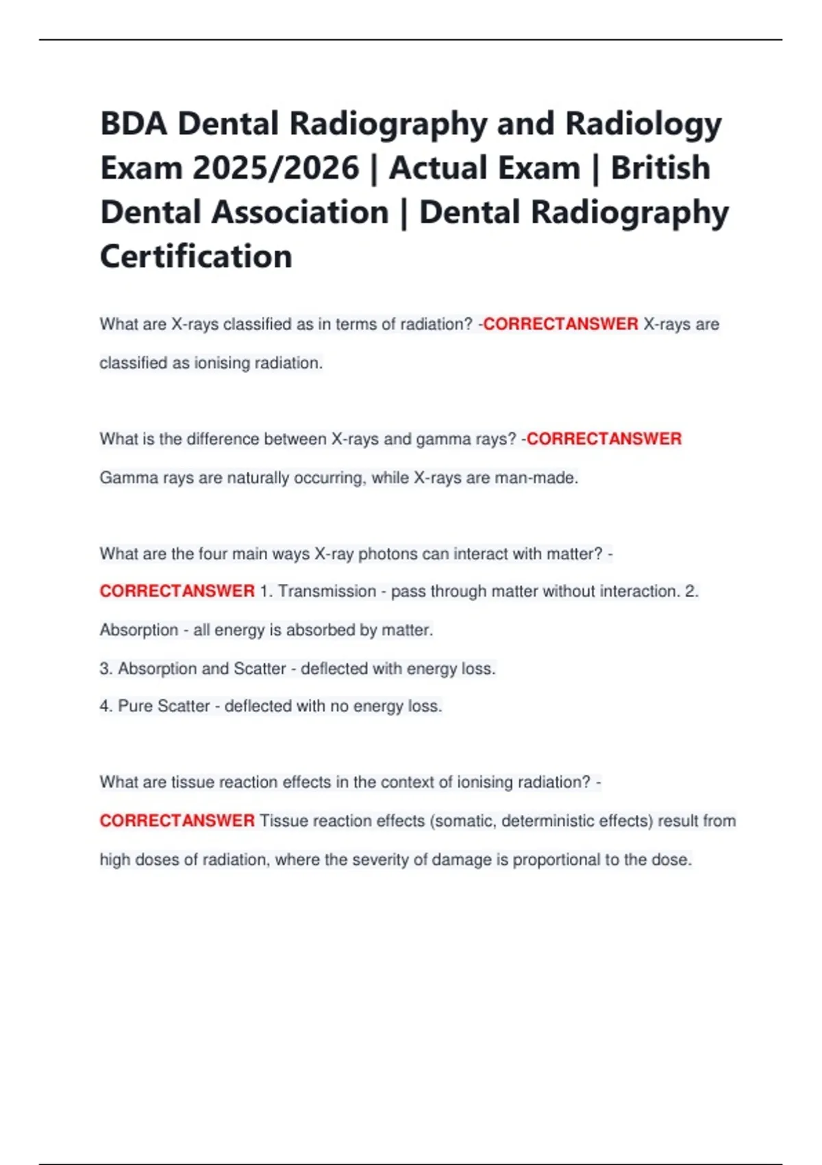 BDA Dental Radiography and Radiology Exam 2025/2026 | Actual Exam ...