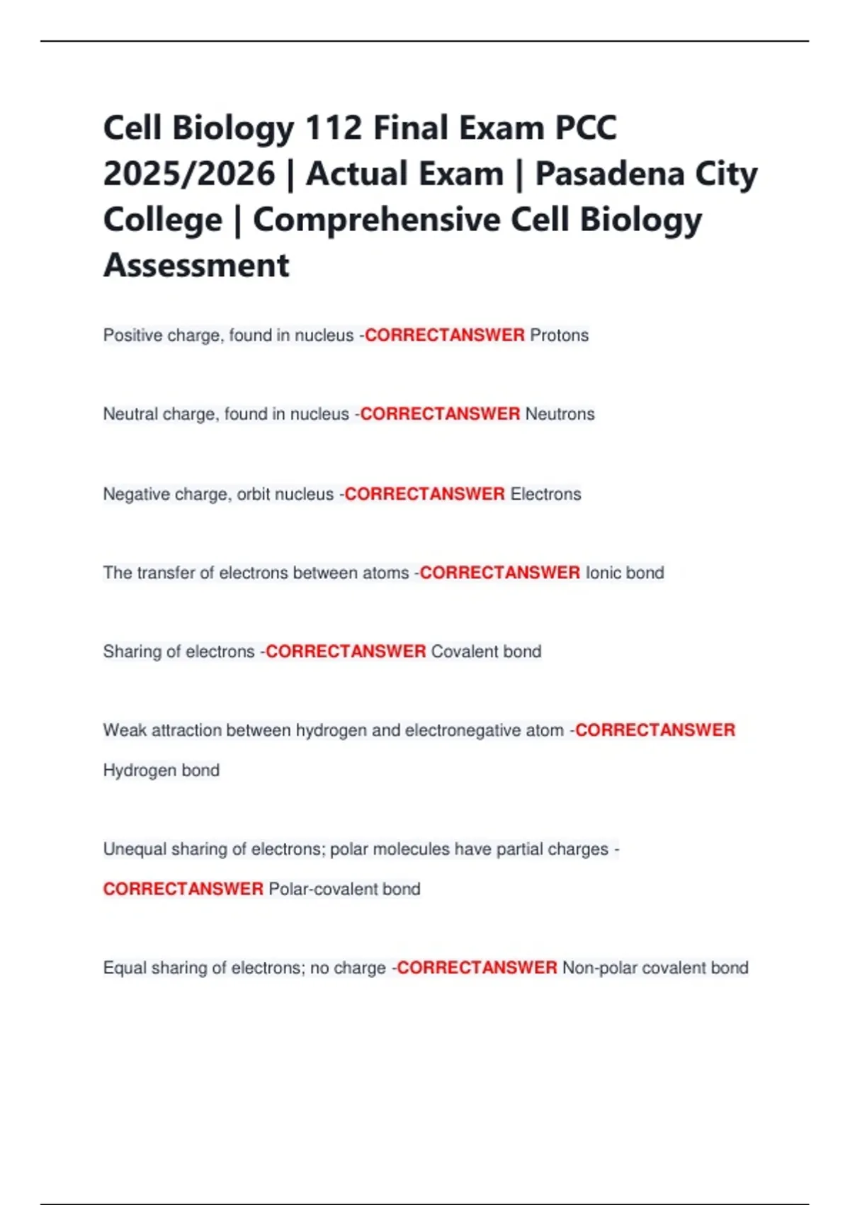 Cell Biology 112 Final Exam PCC 2025/2026 | Actual Exam | Pasadena City ...