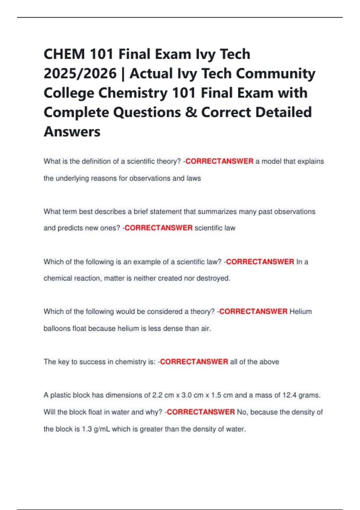 CHEM 101 Final Exam Ivy Tech 2025/2026 | Actual Ivy Tech Community ...