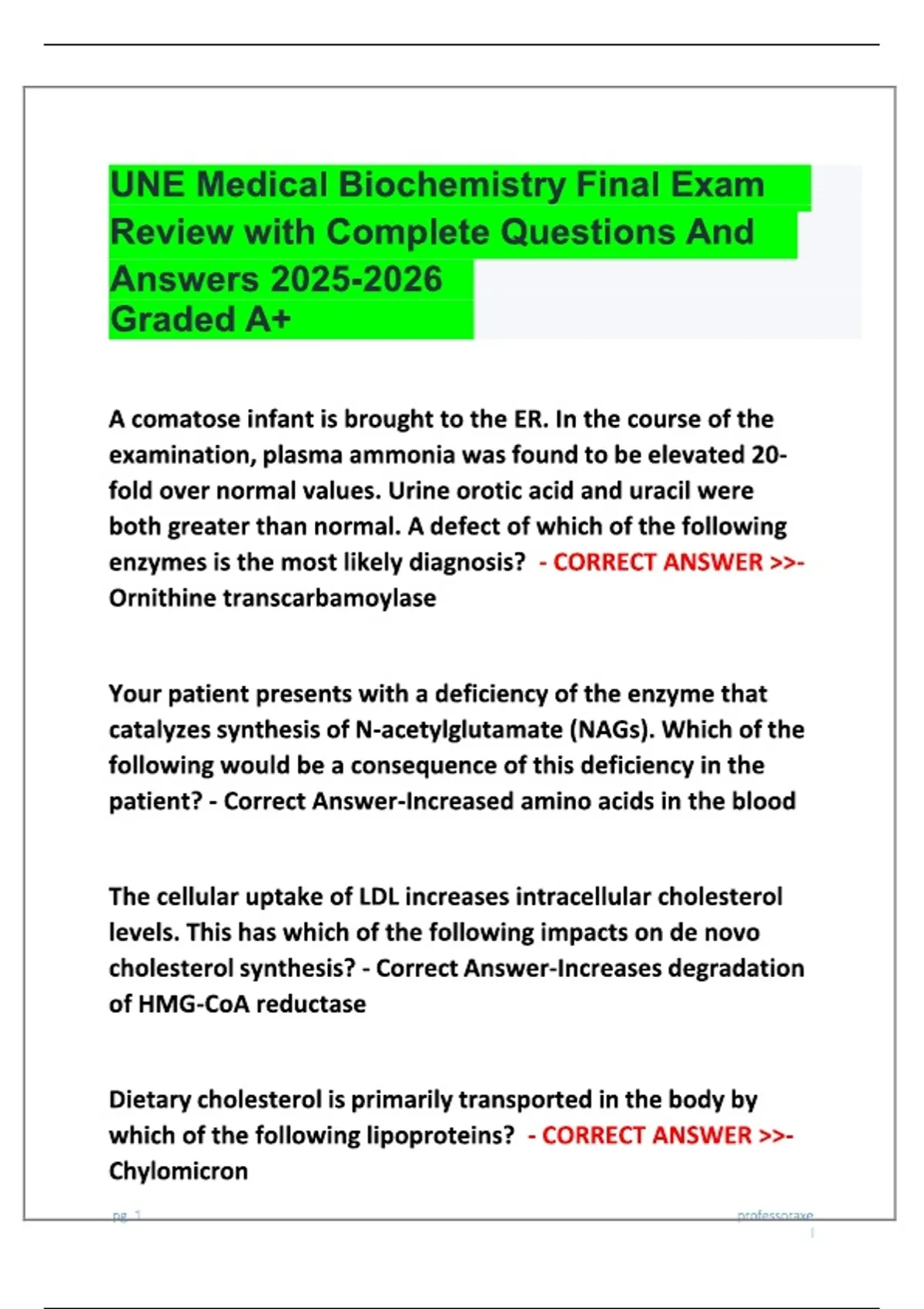 UNE Medical Biochemistry Final Exam Review with Complete Questions And ...
