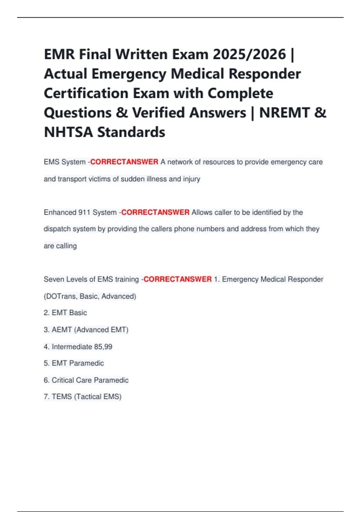 EMR Final Written Exam 2025/2026 | Actual Emergency Medical Responder ...