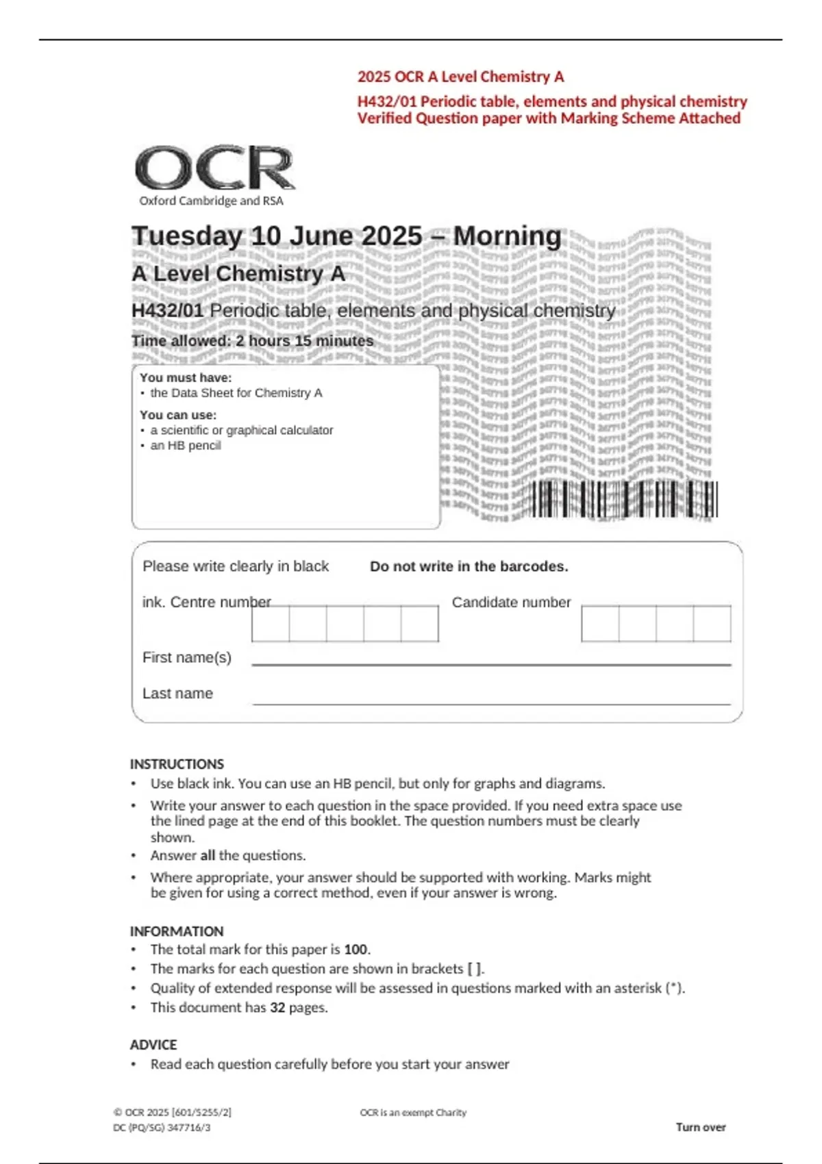 2025 OCR A Level Chemistry A H432/01 Periodic table, elements and ...