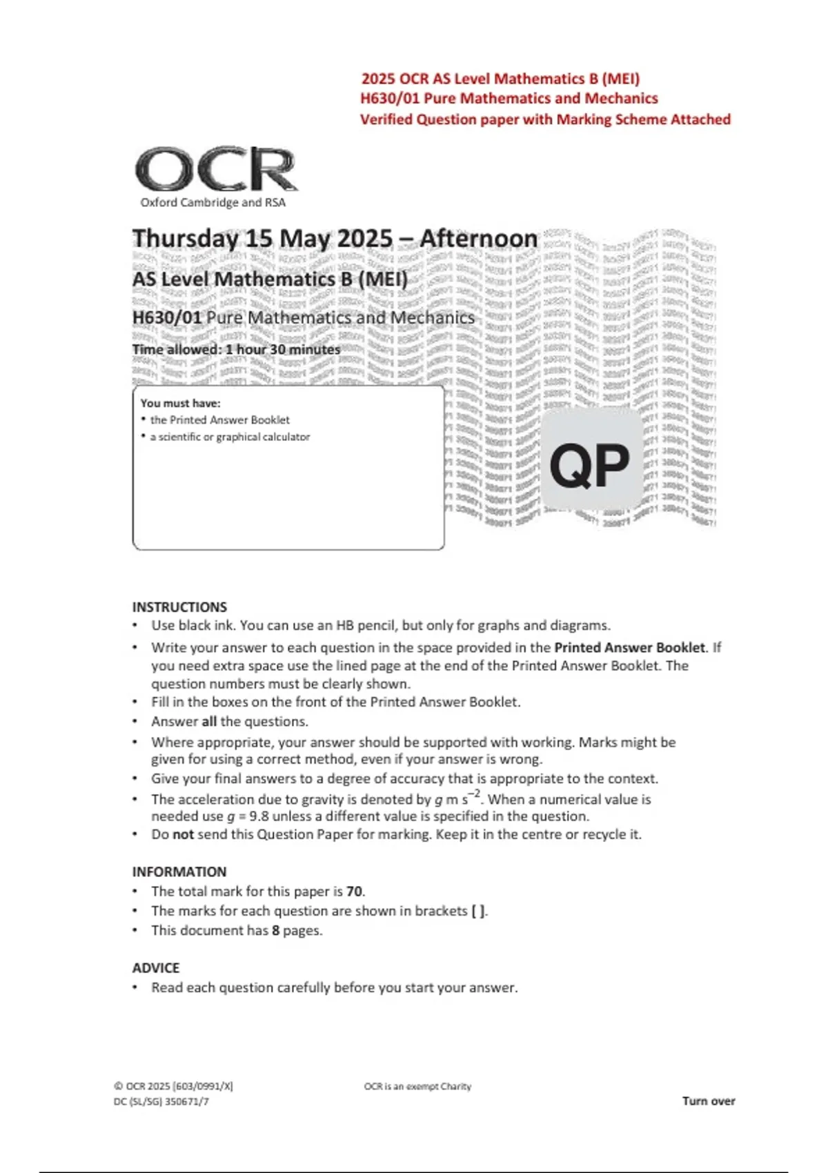 2025 OCR AS Level Mathematics B (MEI) H630/01 Pure Mathematics and ...