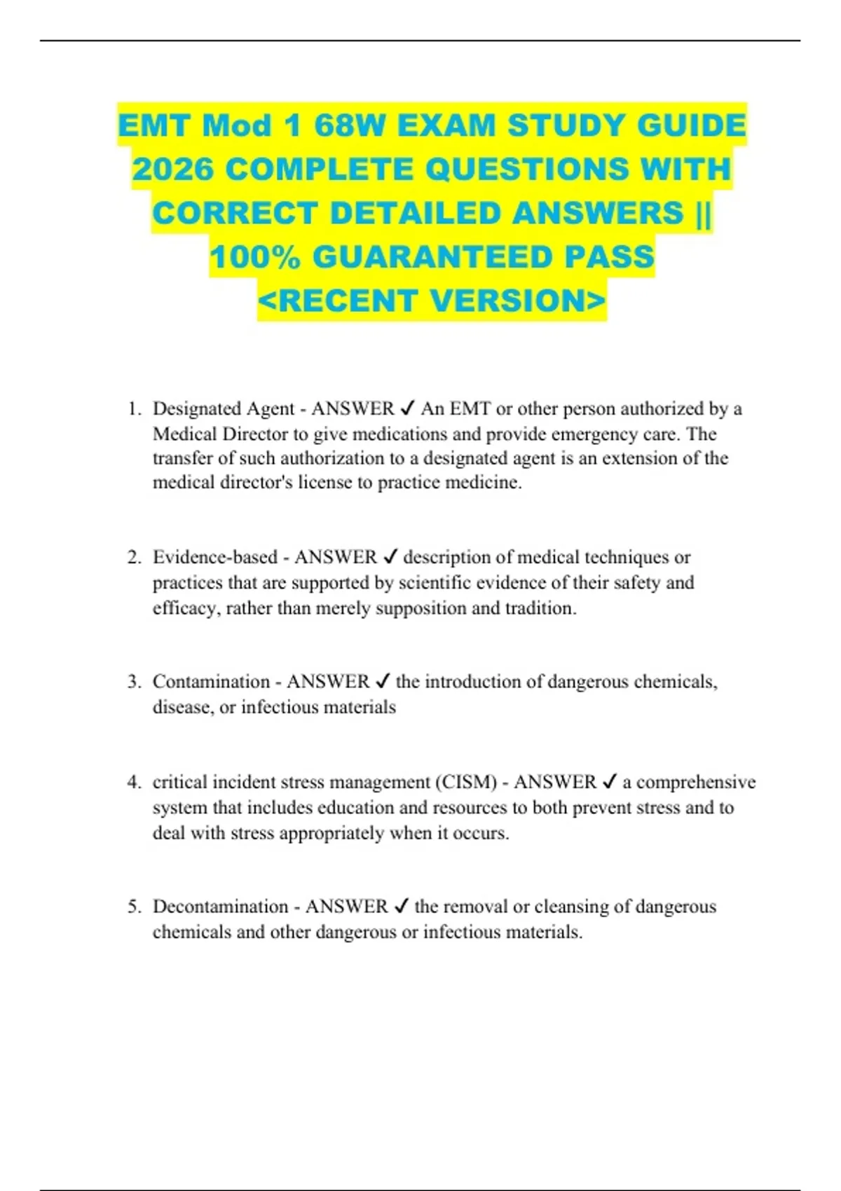 EMT Mod 1 68W EXAM STUDY GUIDE 2026 COMPLETE QUESTIONS WITH CORRECT ...