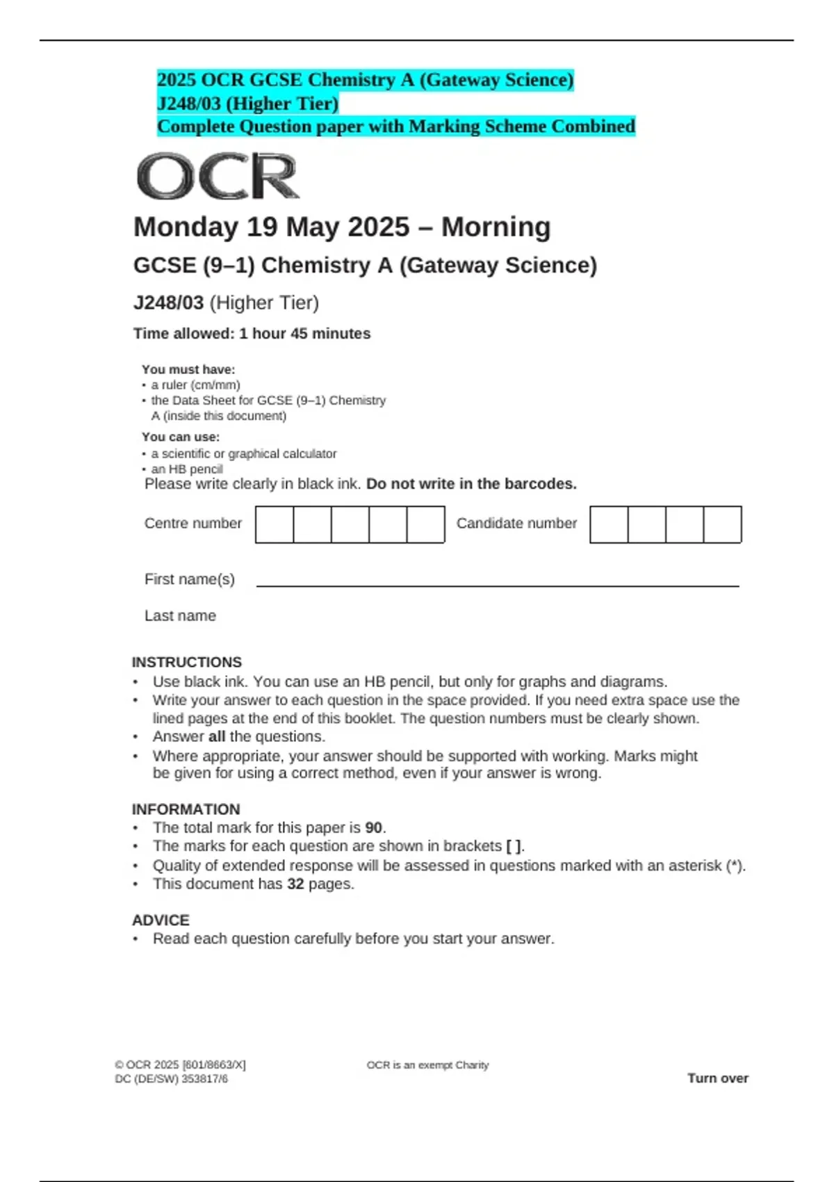 2025 OCR GCSE Chemistry A (Gateway Science) J248/03 (Higher Tier) Complete Question paper with ...