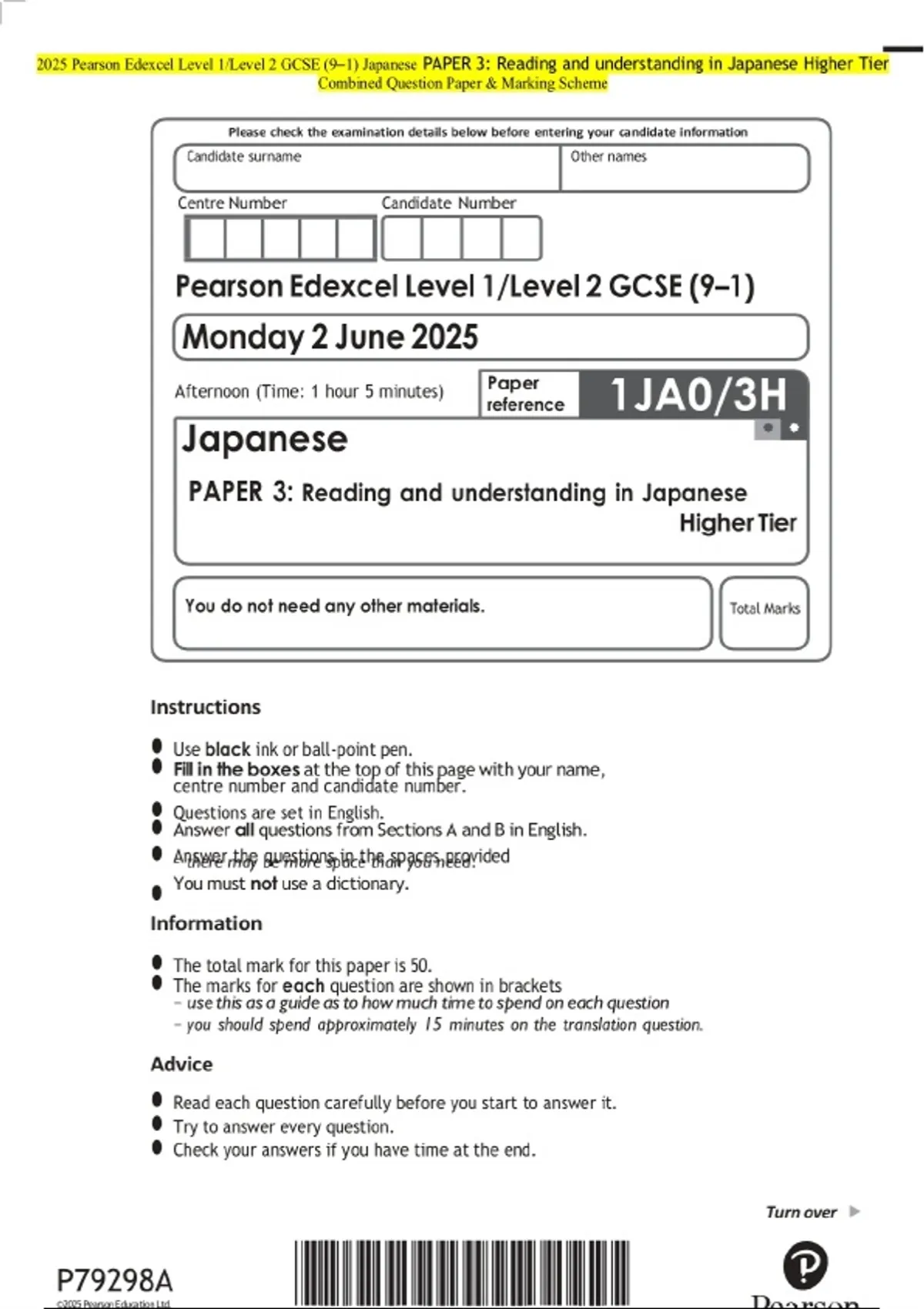 2025 Pearson Edexcel Level 1/Level 2 GCSE (9–1) Japanese PAPER 3 ...