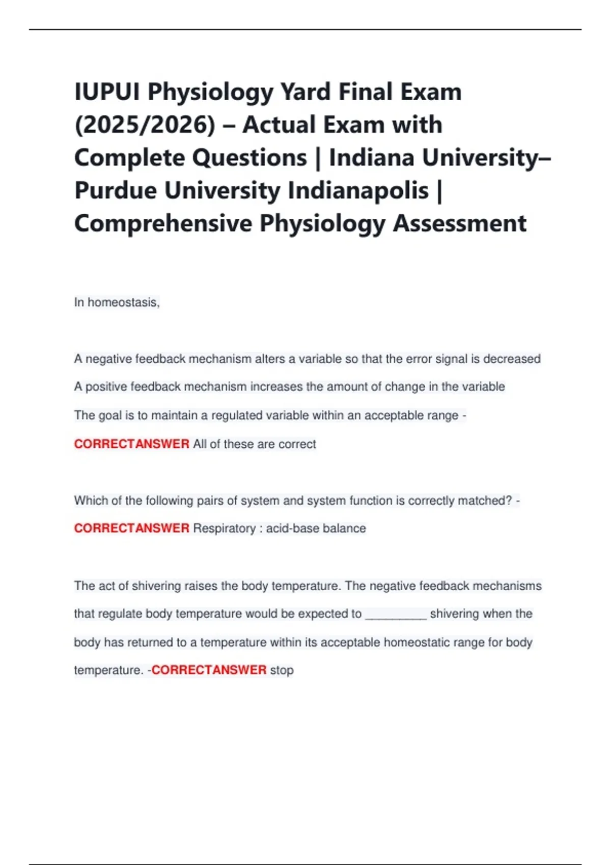 IUPUI Physiology Yard Final Exam (2025/2026) – Actual Exam with ...