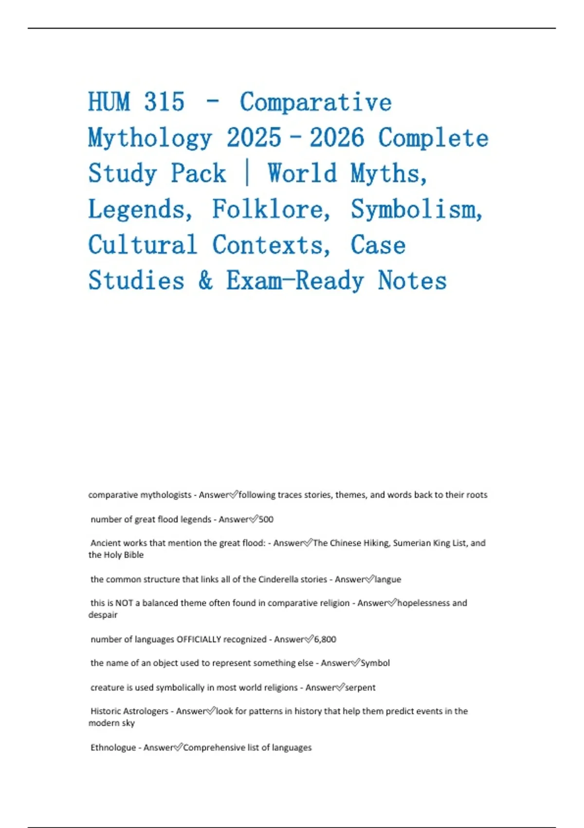 HUM 315 – Comparative Mythology 2025–2026 Complete Study Pack | World ...