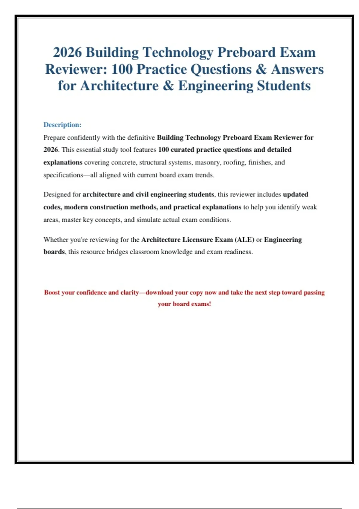 Building Tech Reviewer: Preboard Practice Test with Answer Keys | 2026 ...