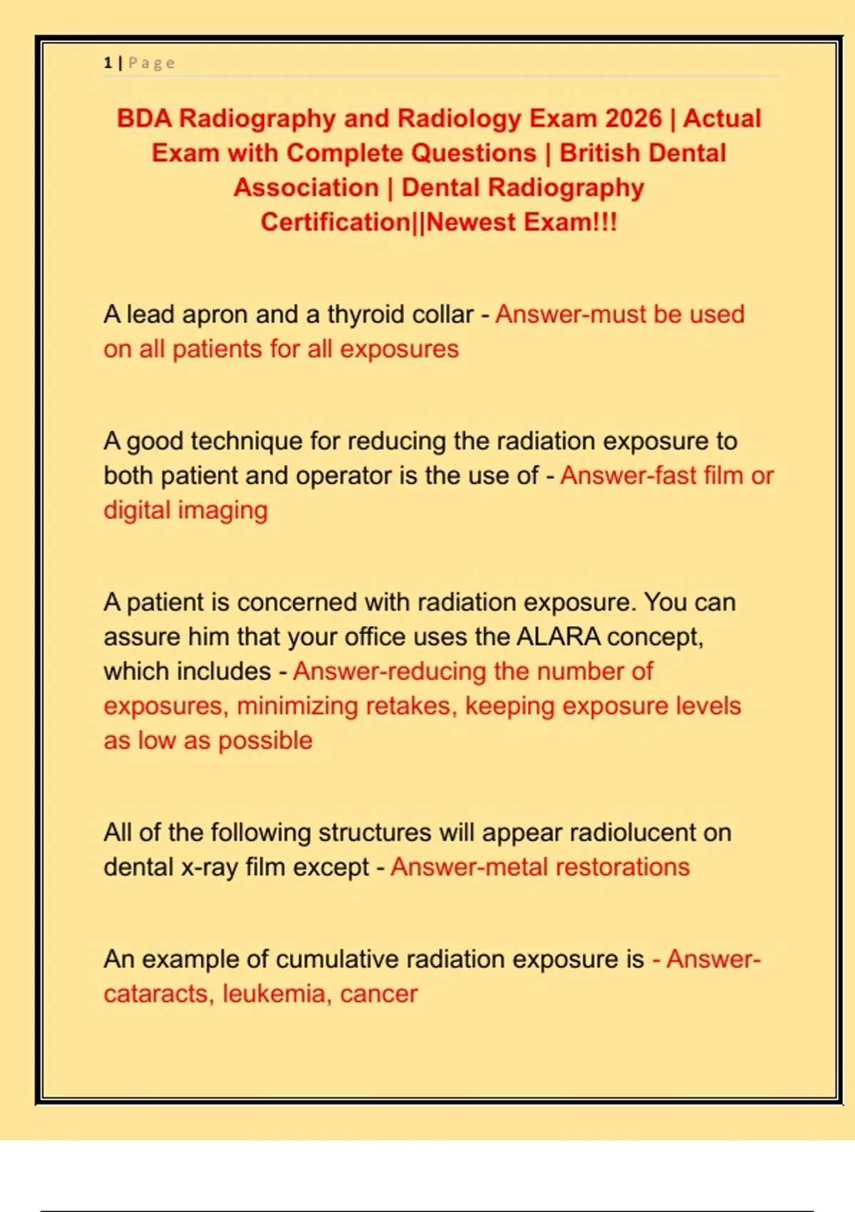 BDA Radiography and Radiology Exam 2026 | Actual Exam with Complete ...