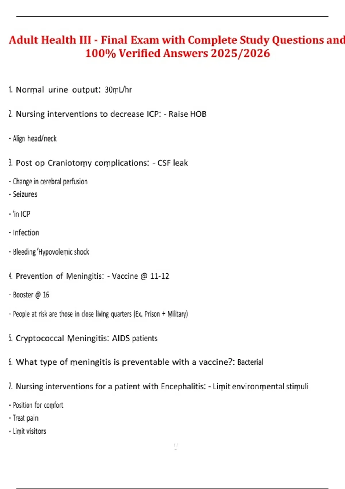 Adult Health III – Final Exam with Complete Study Questions and 100% ...