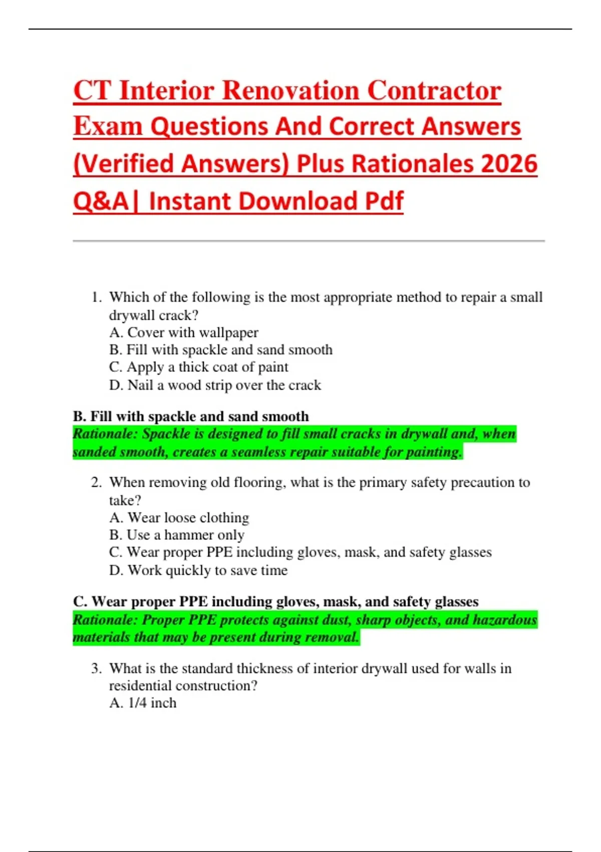 CT Interior Renovation Contractor Exam Questions And Correct Answers ...