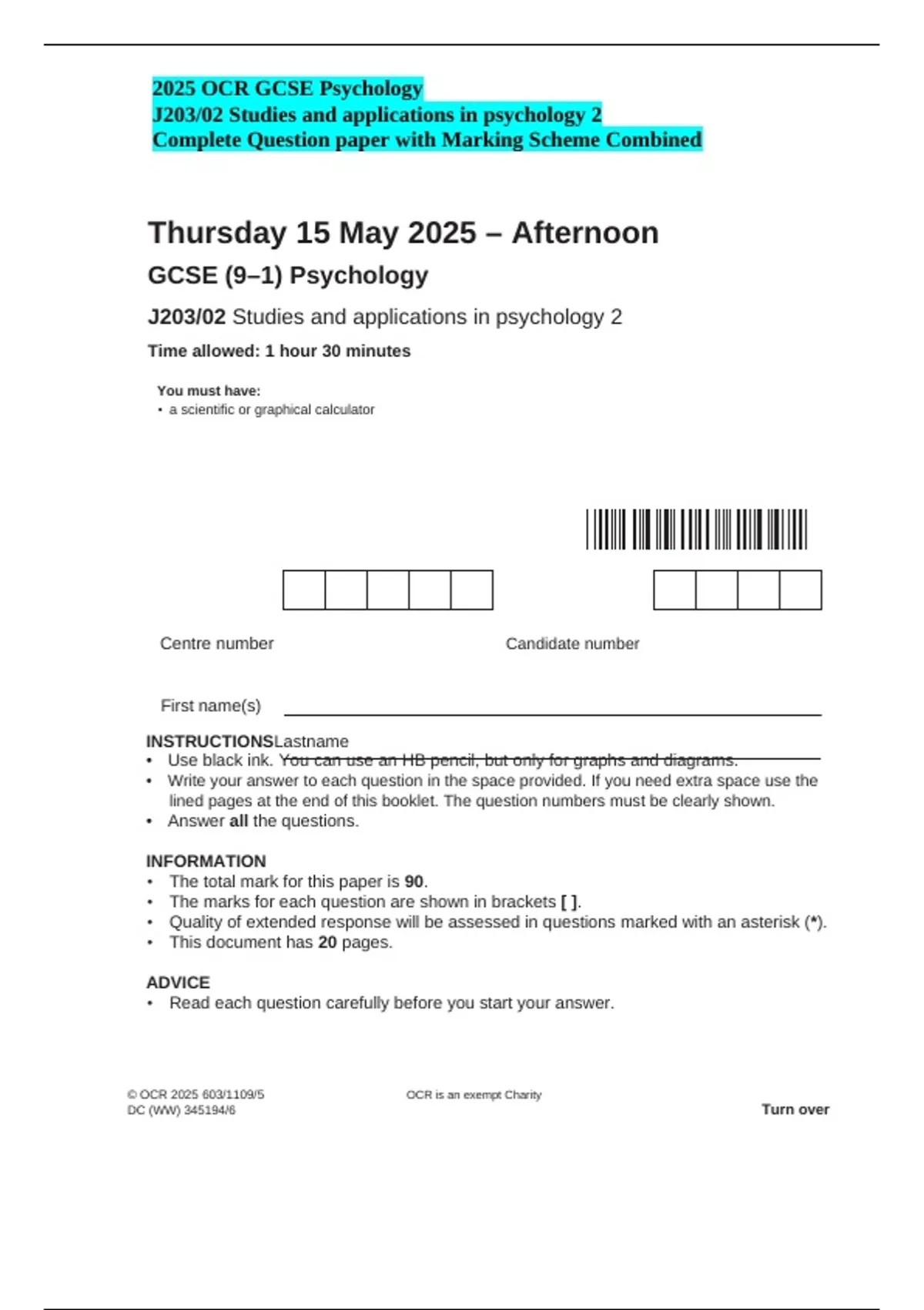 2025 OCR GCSE Psychology J203/02 Studies and applications in psychology ...